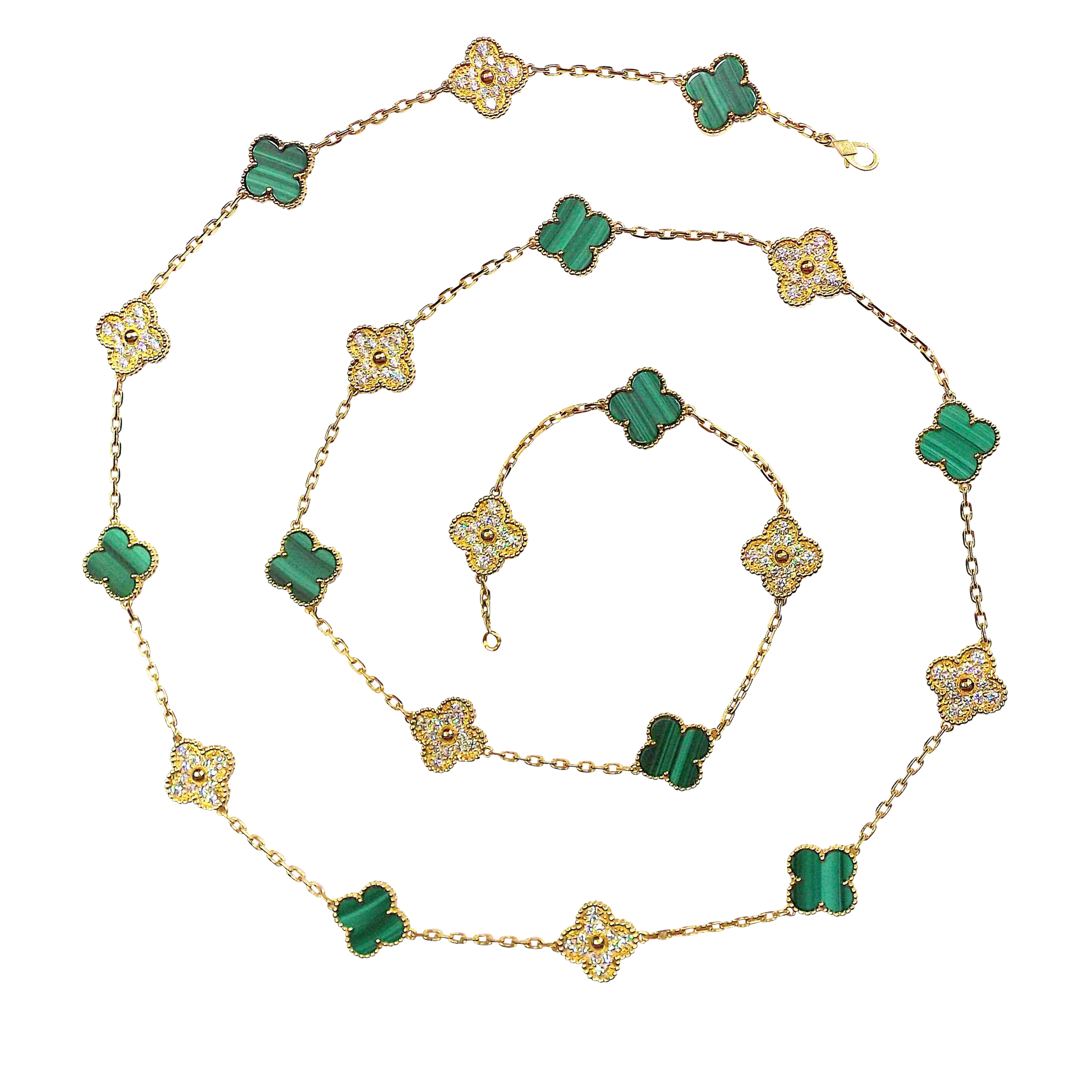 Gold Malachite and Diamond Vintage Alhambra 20 Motifs Necklace