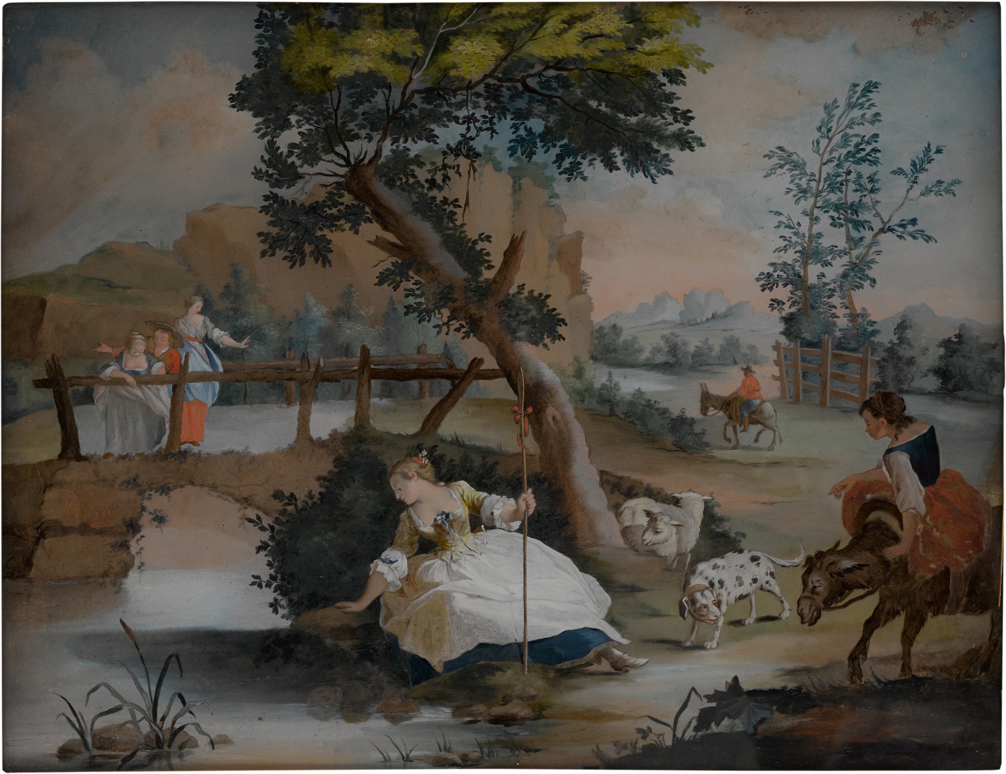 A Pair of Continental Painted Glass Pictures Depicting Pastoral Scenes ...