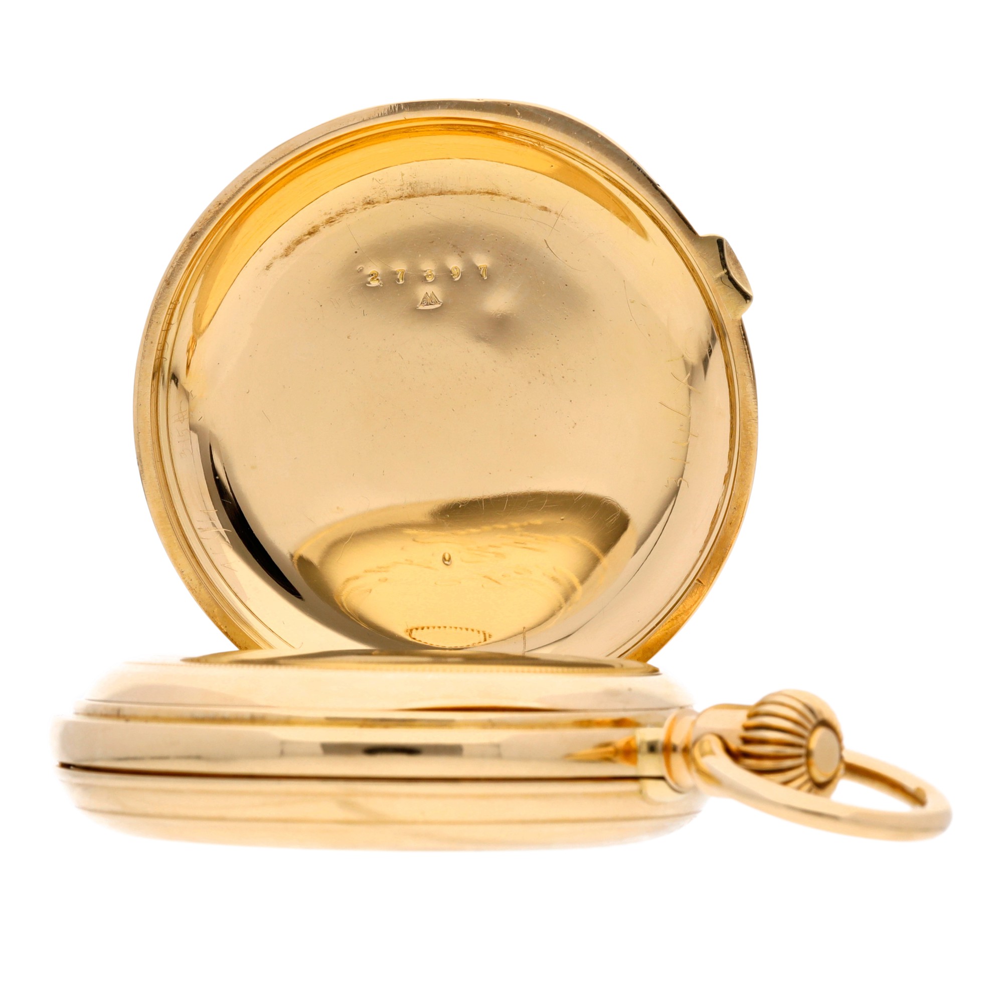 An extremely rare and fine gold hunting cased keyless lever chronograph ...