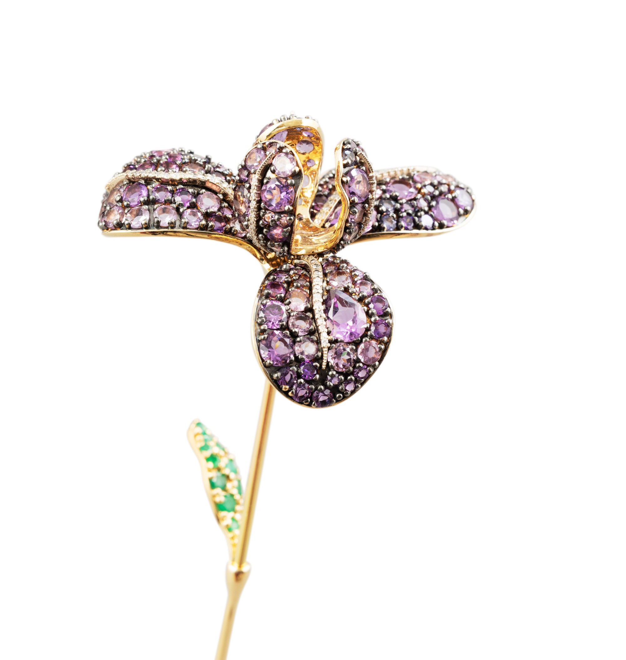 A jeweled gold iris flower study, in a carved rock-crystal vase, the ...