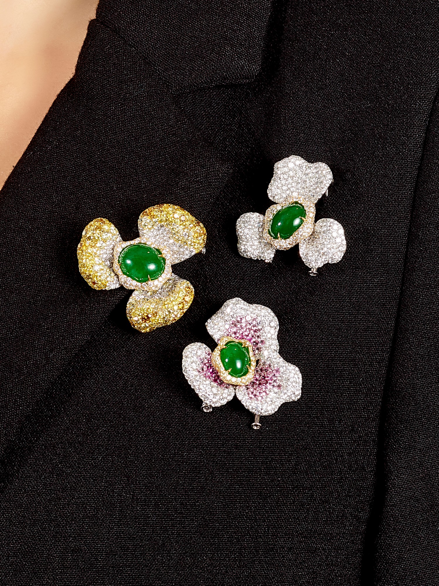CINDY CHAO | SET OF THREE JADEITE, DIAMOND AND PINK SAPPHIRE BROOCHES ...