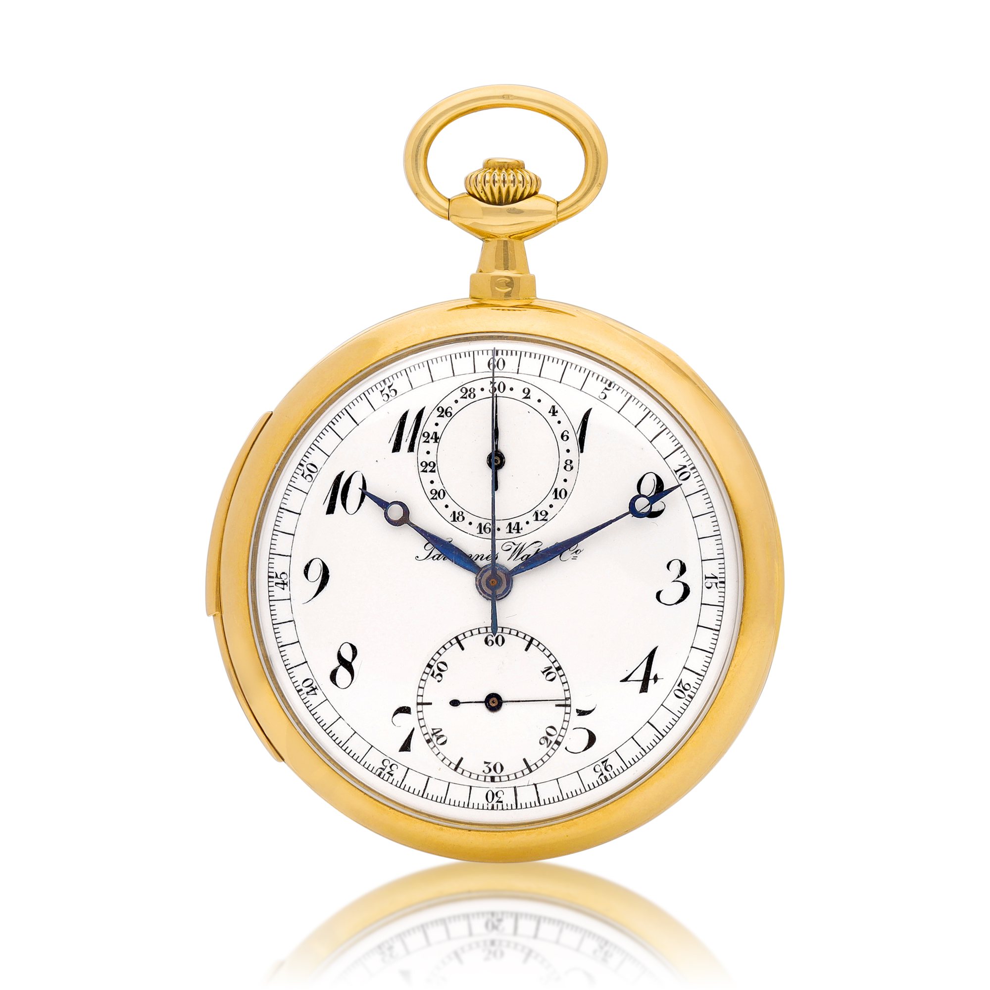A yellow gold and enamel open face keyless minute repeating single ...