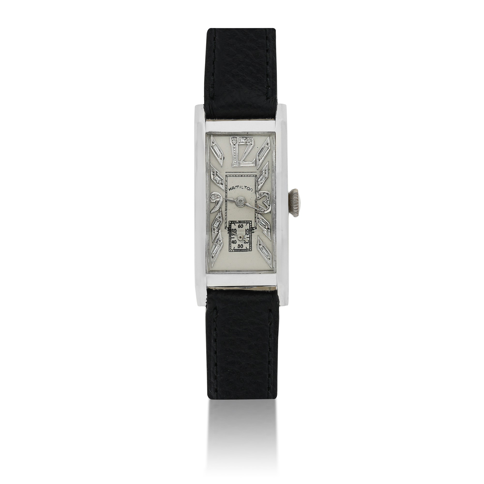 HAMILTON | AN ART DECO PLATINUM RECTANGULAR WRISTWATCH WITH DIAMOND SET ...