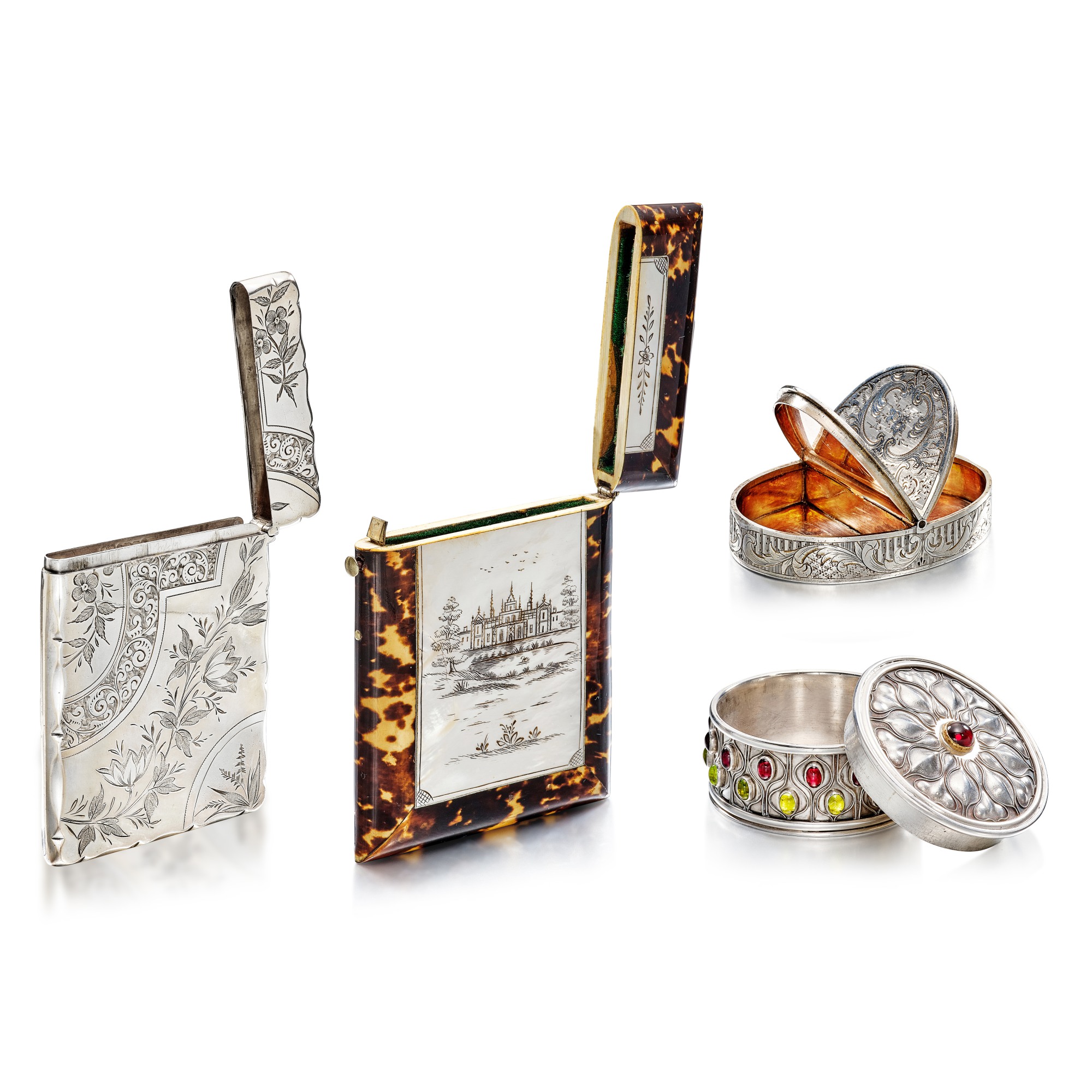 Group of Silver, Tortoise Shell, Mother-Of-Pearl and Gem Set Cases | 銀 ...
