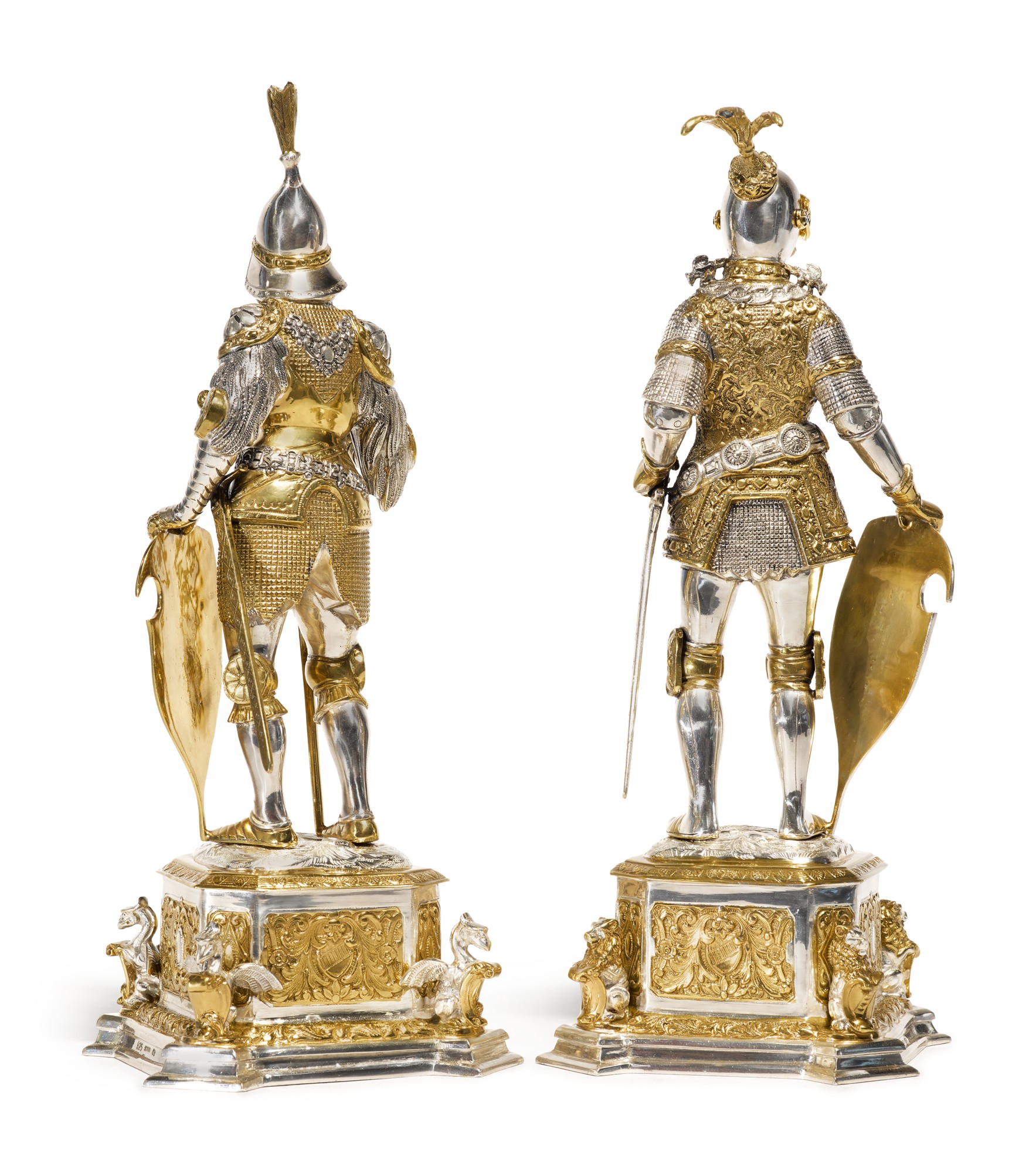 A Pair of German Parcel-Gilt Silver Standing Knights in Armor, Marked ...