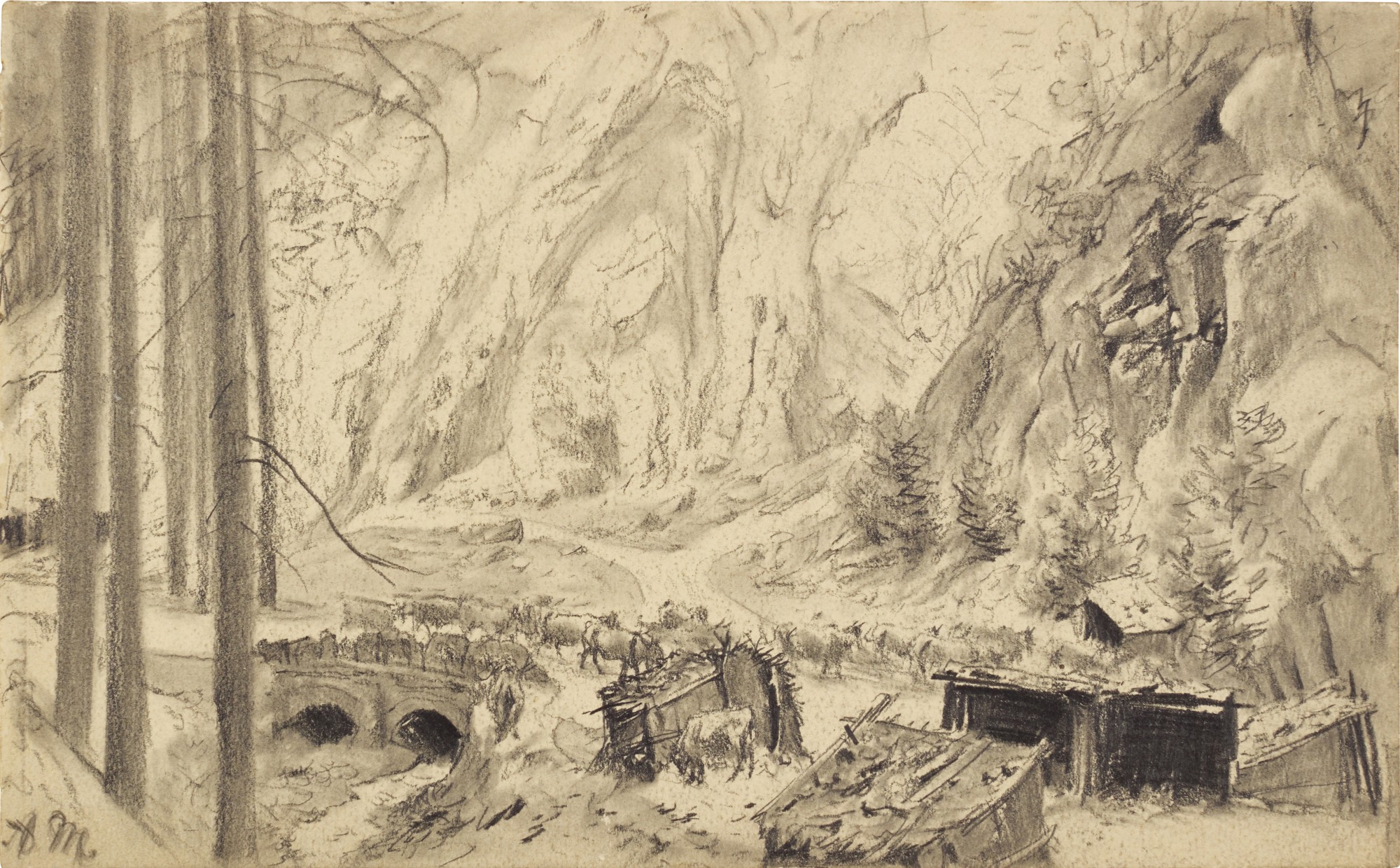 ADOLPH VON MENZEL | ROCKY LANDSCAPE WITH CATTLE CROSSING A BRIDGE | Old ...