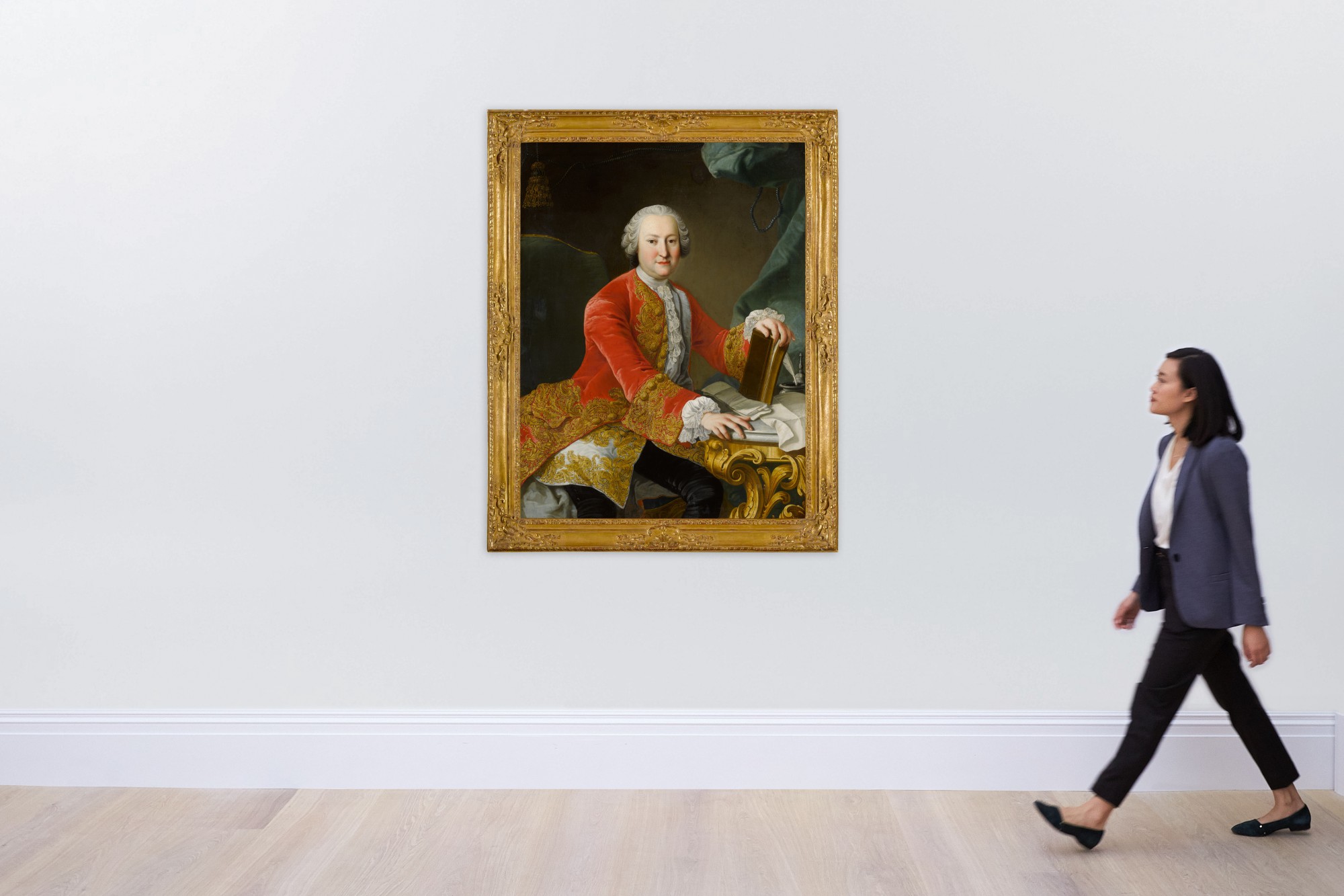 Portrait of a nobleman, wearing a red jacket and a white waistcoat and ...