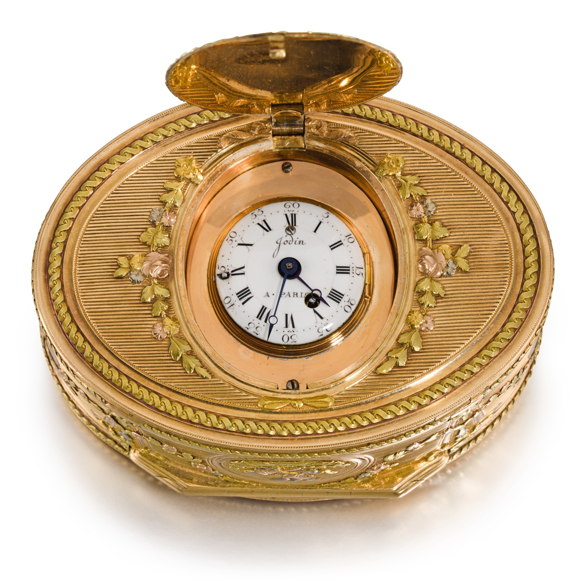 A four-colour gold box with concealed timepiece and miniature, probably ...