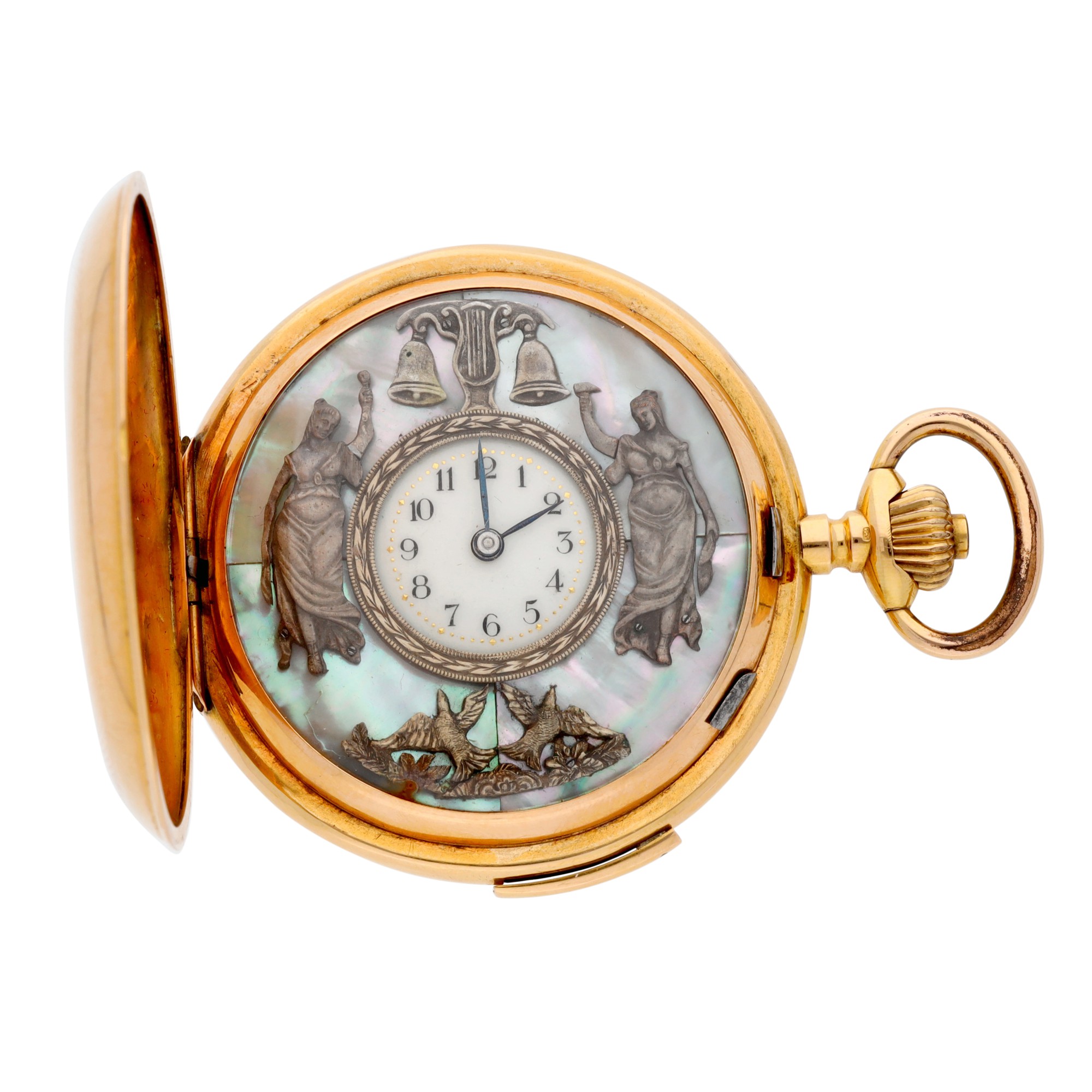 A gold quarter repeating keyless lever watch with jacquemarts automaton ...