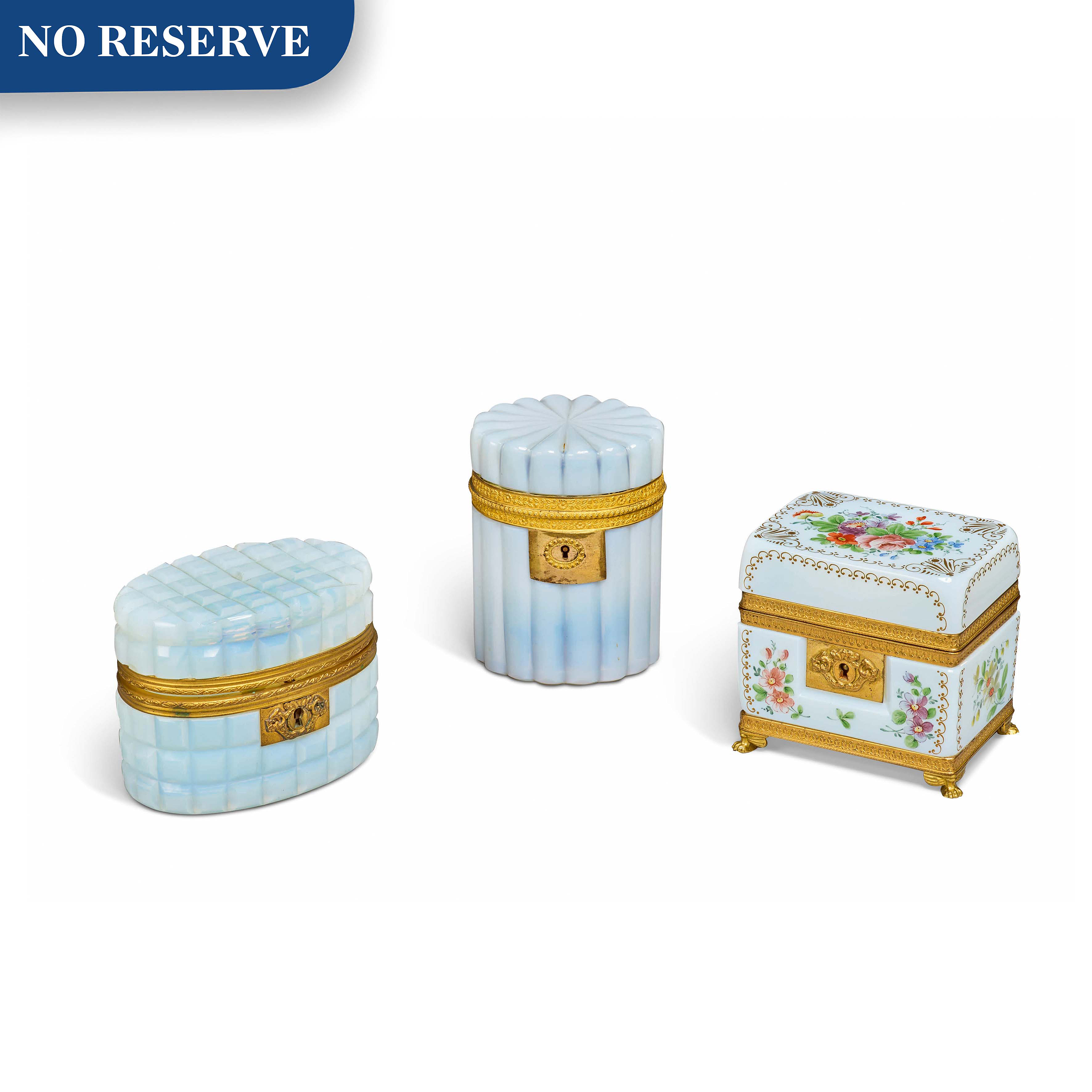 THREE GILT-METAL MOUNTED OPAQUE-WHITE OPALINE GLASS BOXES, 19TH CENTURY ...