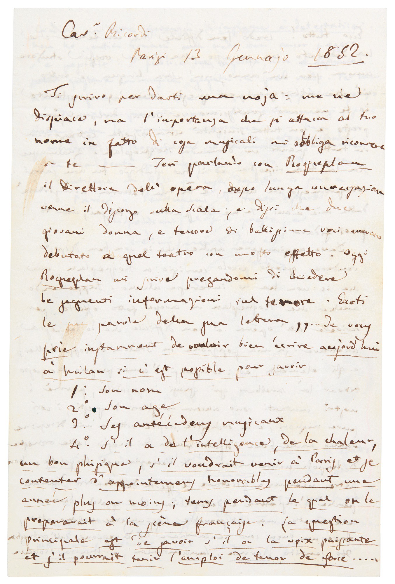 G. Verdi. Unpublished autograph letter to Giovanni Ricordi, about ...