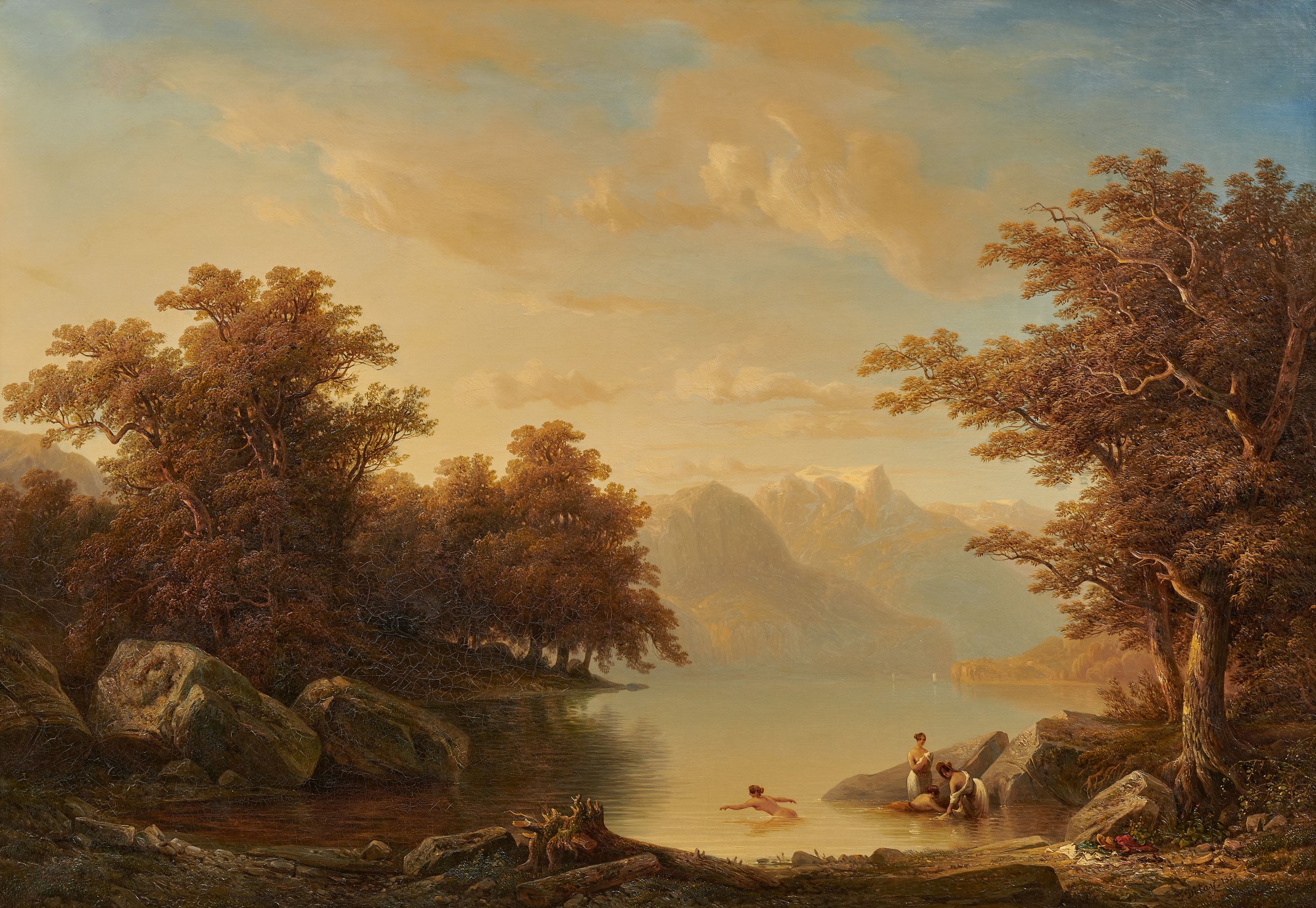 FRANÇOIS DIDAY | LANDSCAPE WITH A LAKE AND BATHERS, 1850 | Swiss Made ...