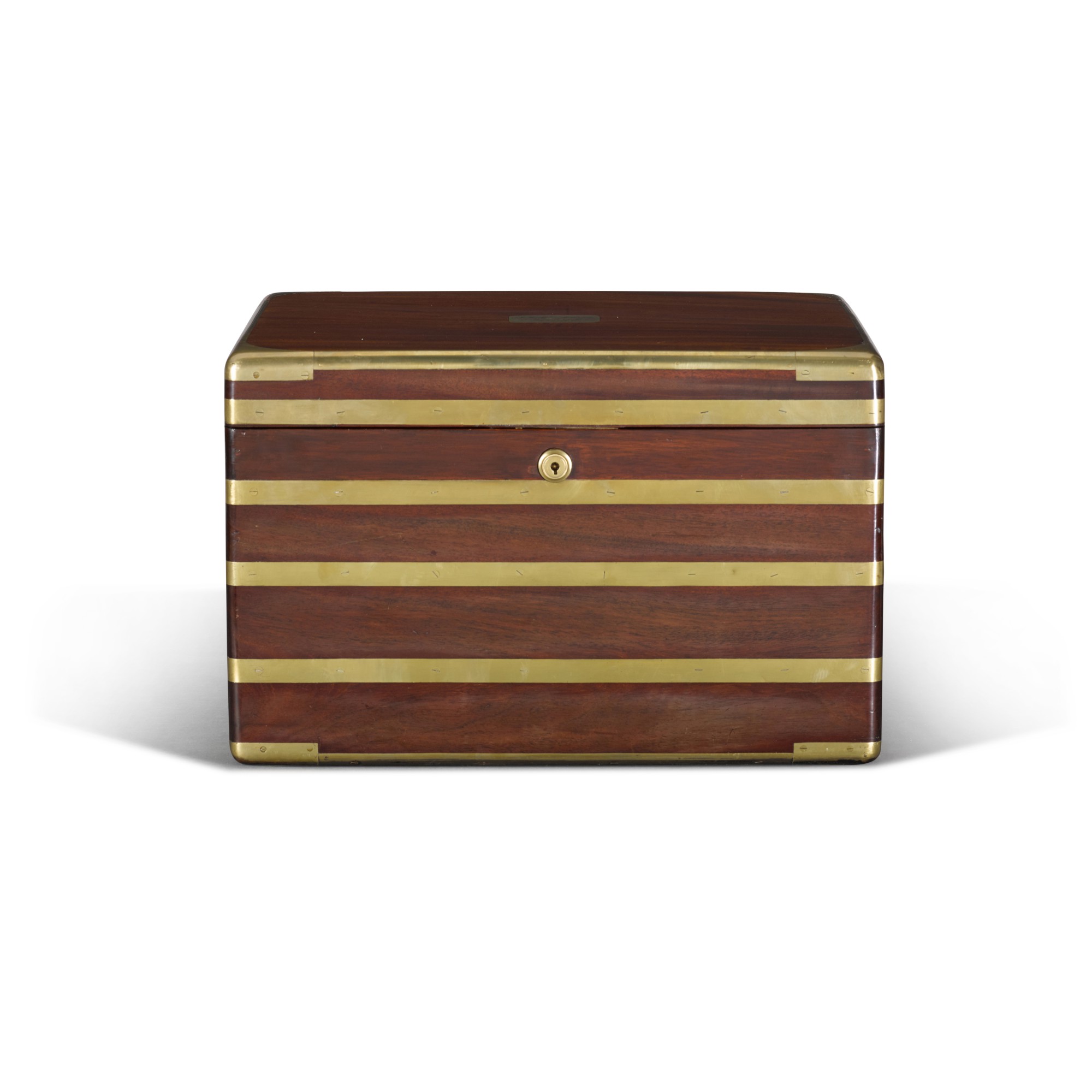 A VICTORIAN BRASS BOUND MAHOGANY CAMPAIGN BOX LATER FITTED AS A HUMIDOR ...