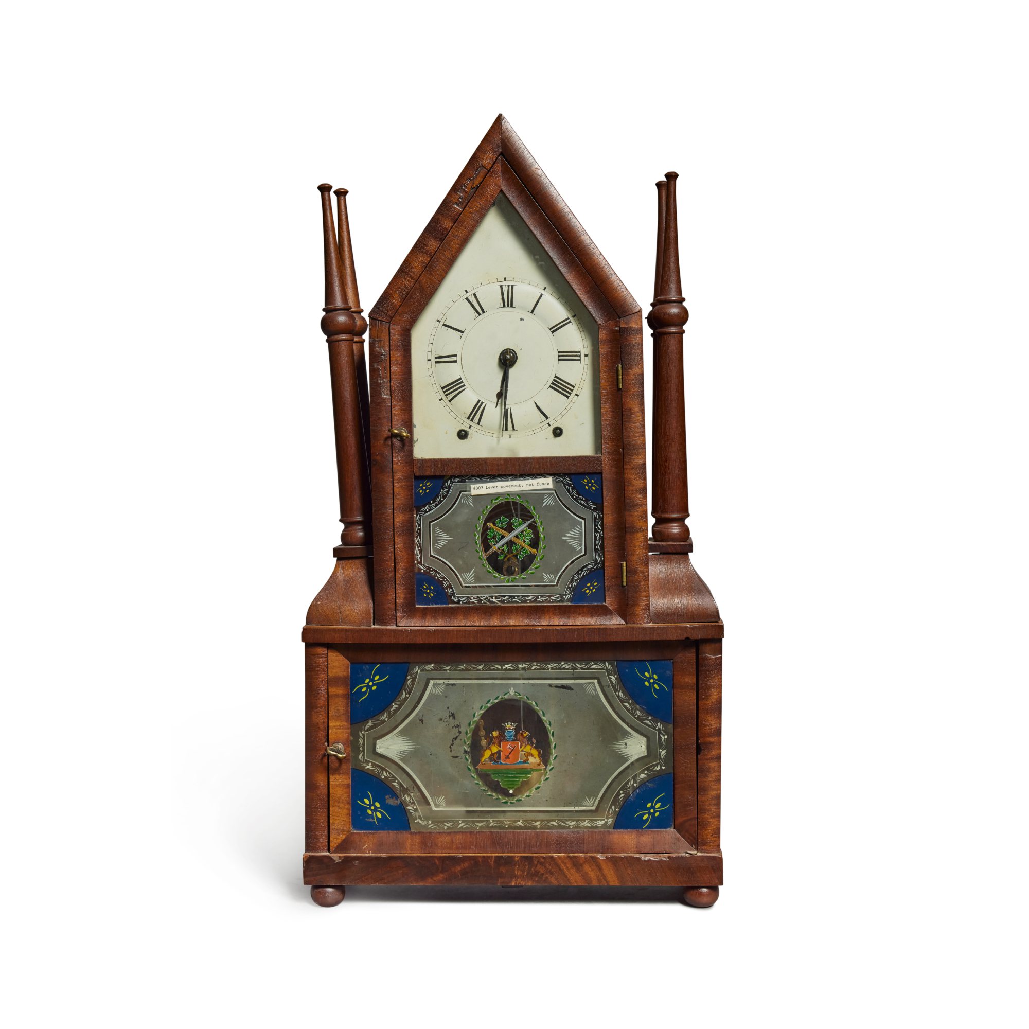 A Classical Églomisé and Figured Mahogany Wagon Spring Steeple Clock ...