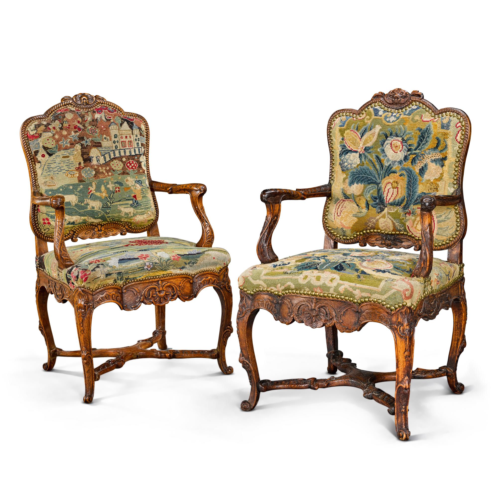 A pair of Franco-Flemish carved oak fauteuils, possibly Liège, circa ...