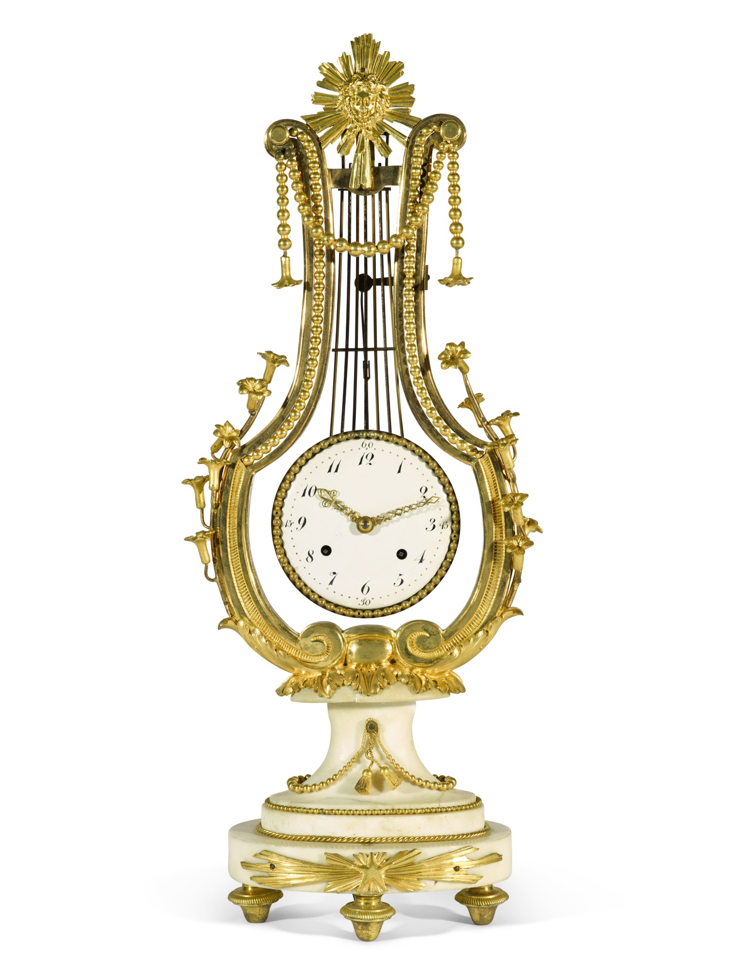 A Louis XVI gilt-bronze and white marble lyre mantel clock, Louis ...