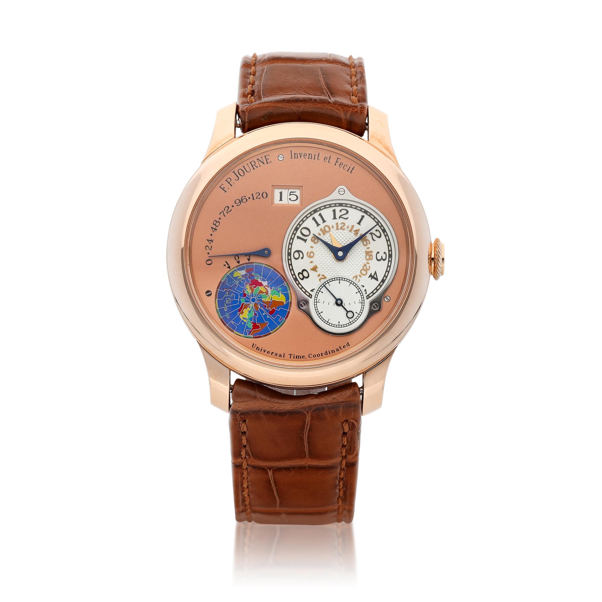 Octa Auto UTC | A pink gold dual time zone wristwatch with date and ...