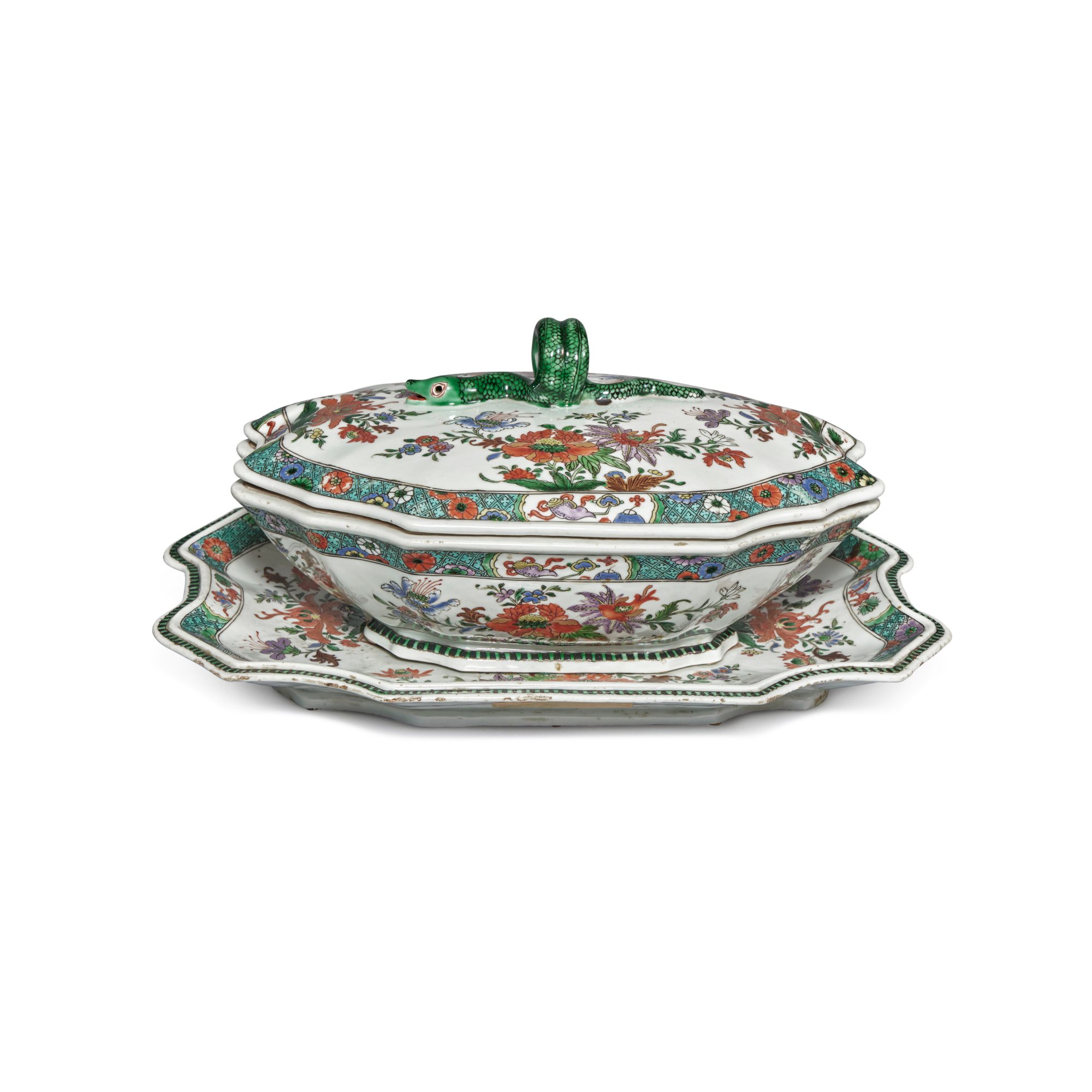 A Chinese Export Famille-Verte 'Rouen Faience' Tureen, Cover and Stand ...