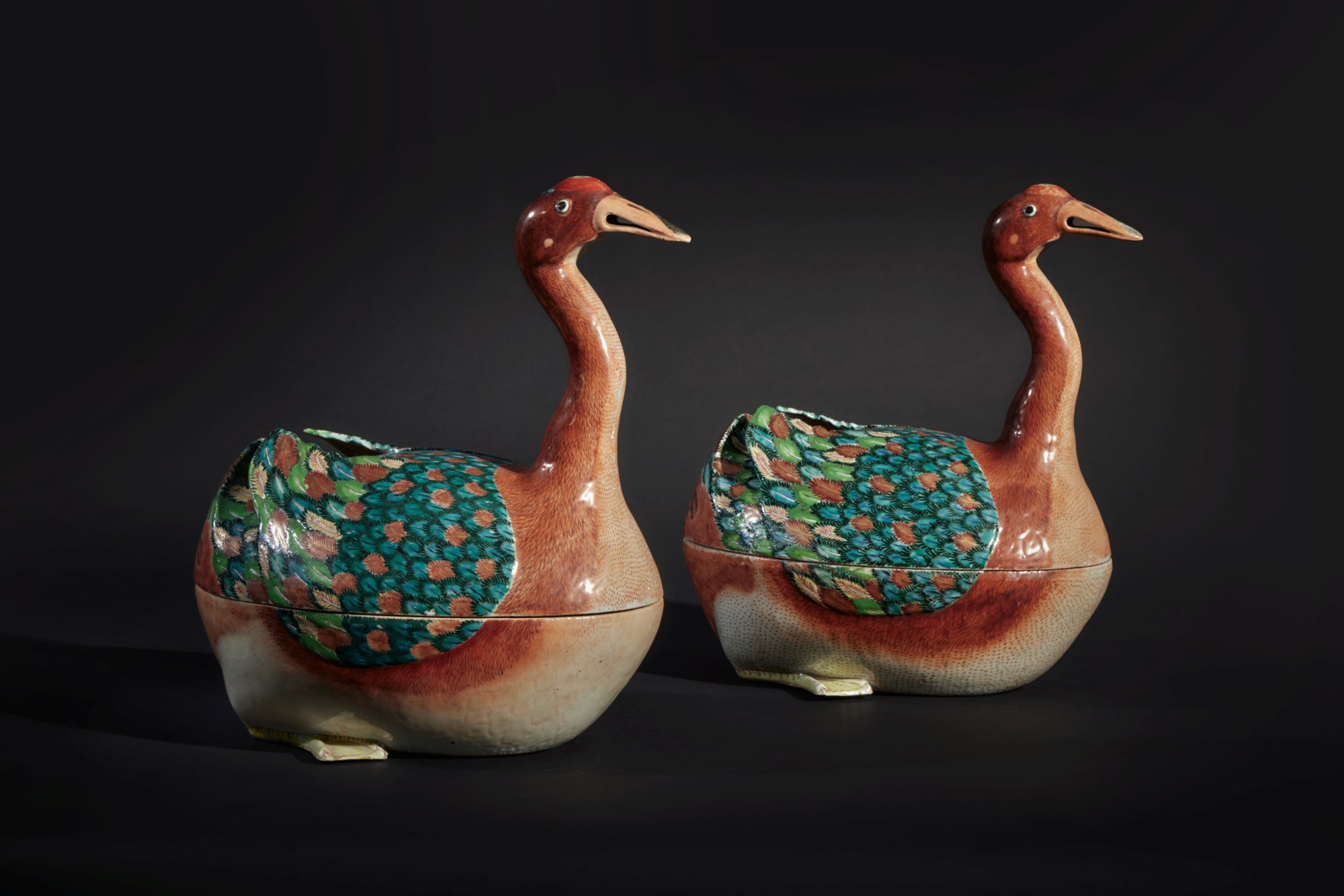 An Extremely Rare Pair of Chinese Export Famille-Rose Goose-Form ...
