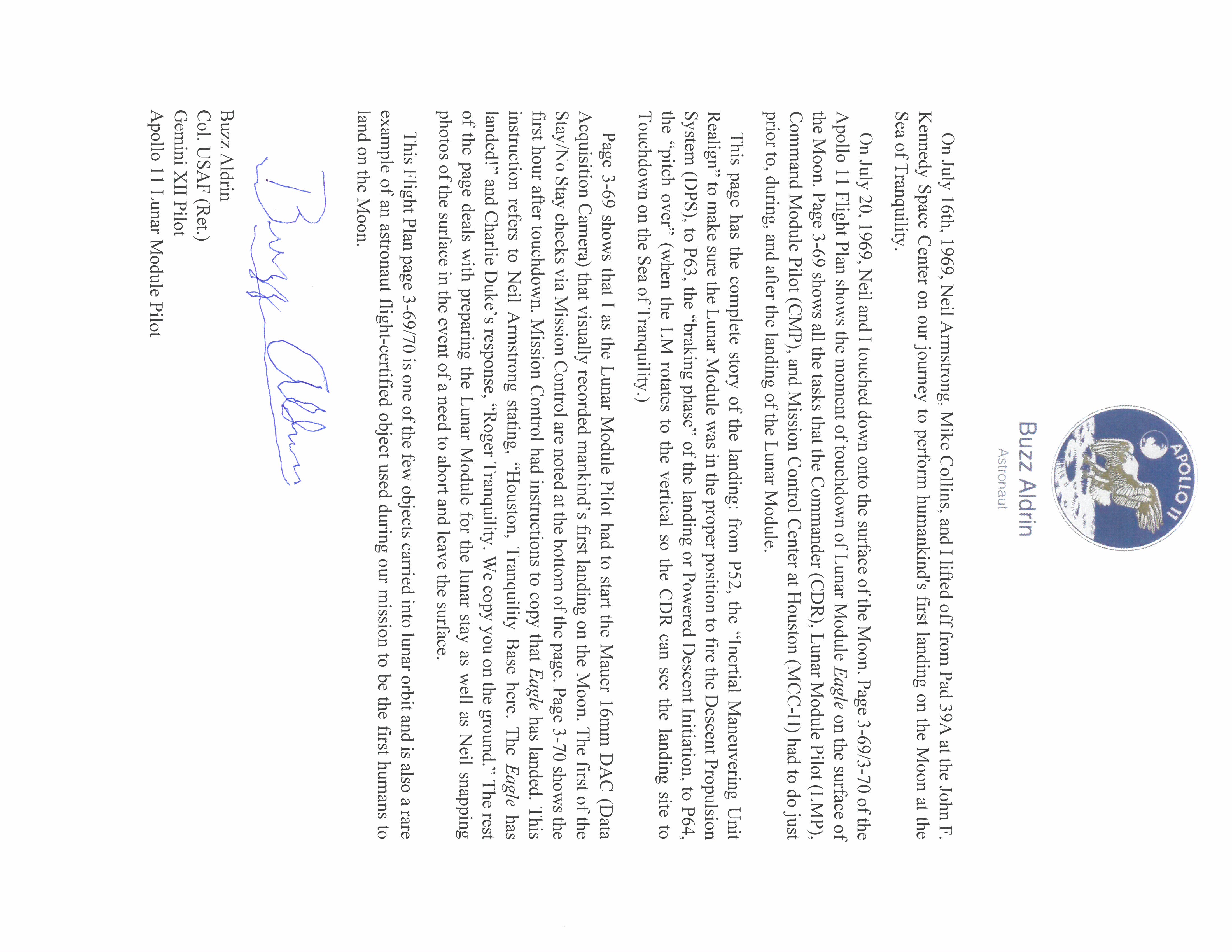 FLOWN Apollo 11 Flight Plan sheet—Demonstrating the Touchdown of Lunar ...