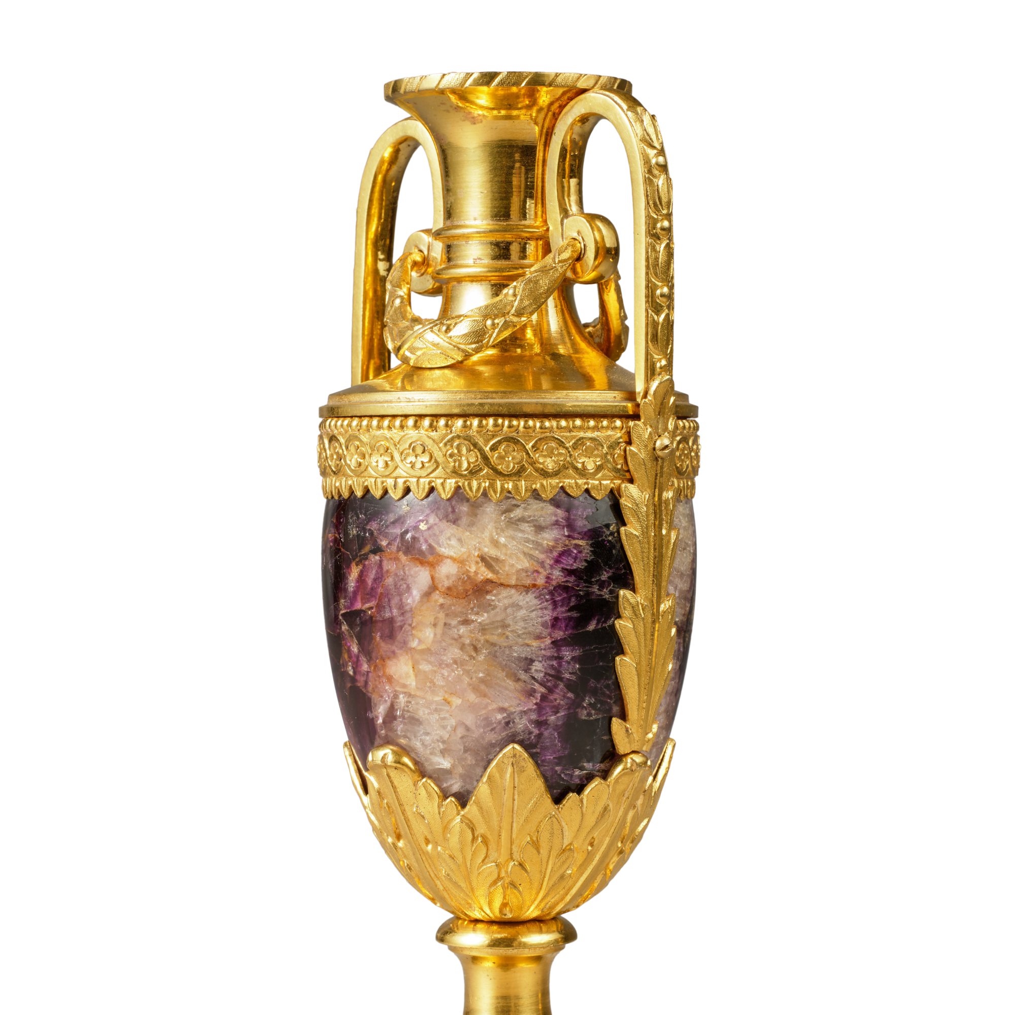 A Pair of George III Style Gilt-Bronze Mounted Blue John Candle Vases ...