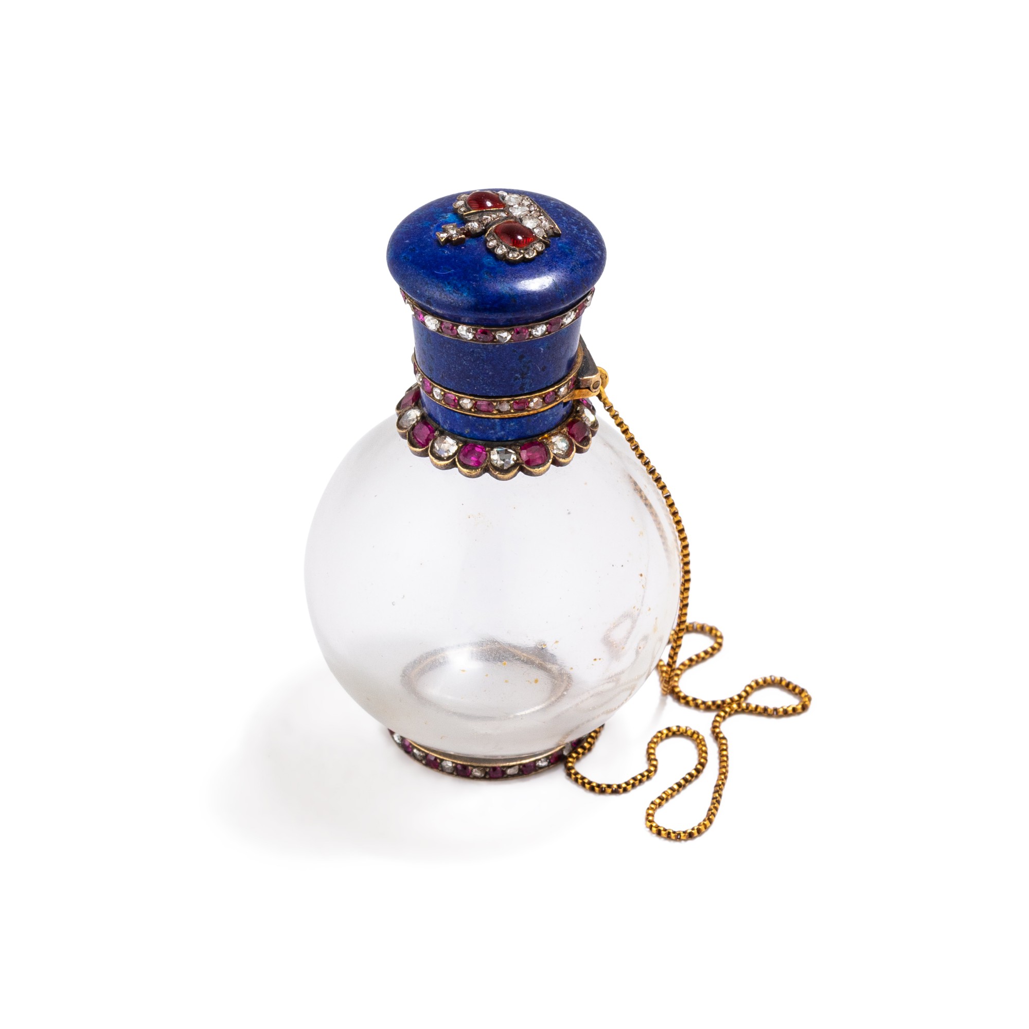 A glass perfume bottle insert with lapis, diamonds and rubies ...