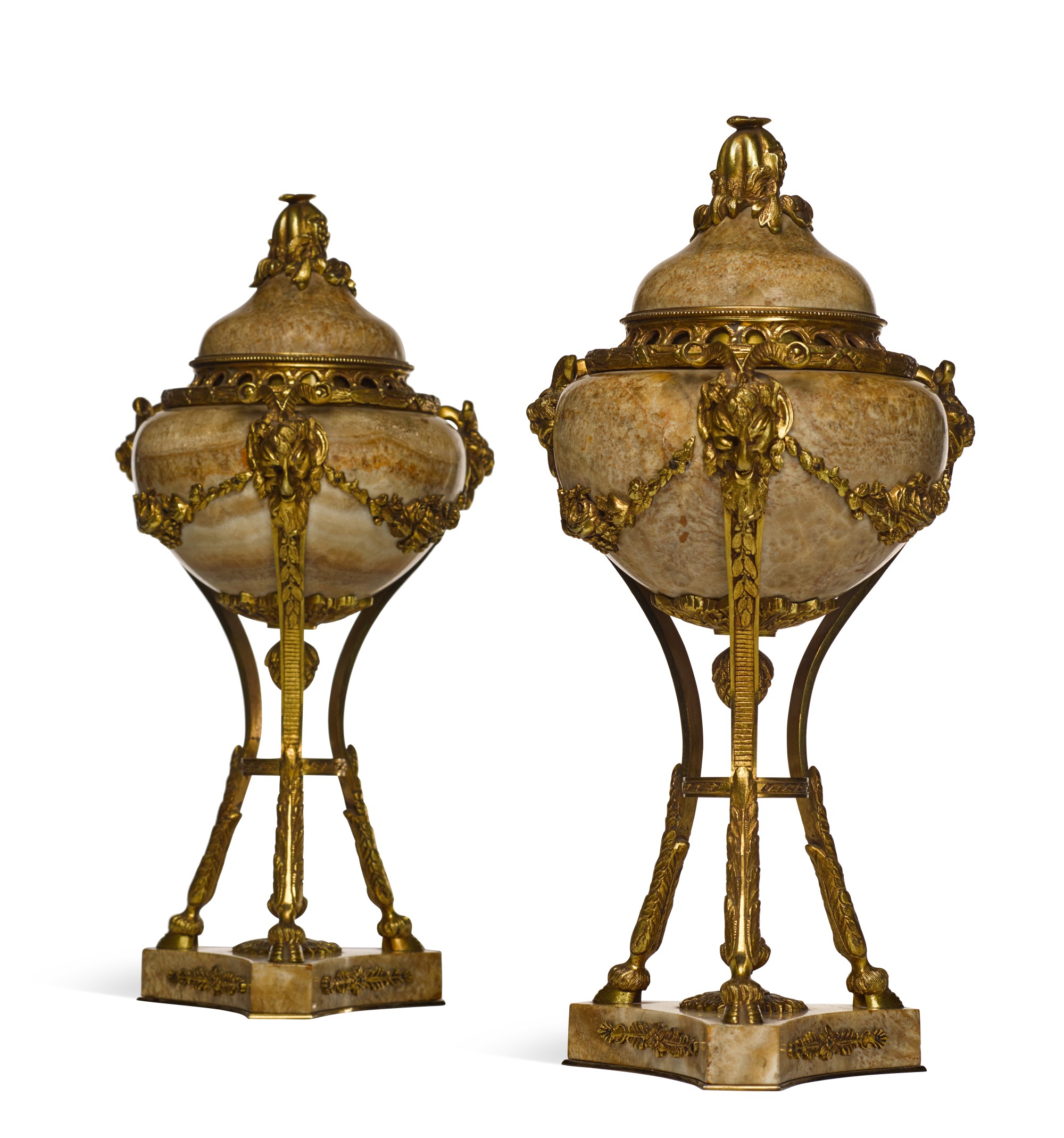 A PAIR OF LOUIS XVI STYLE GILT-BRONZE MOUNTED ALABASTER TRIPOD VASES ...