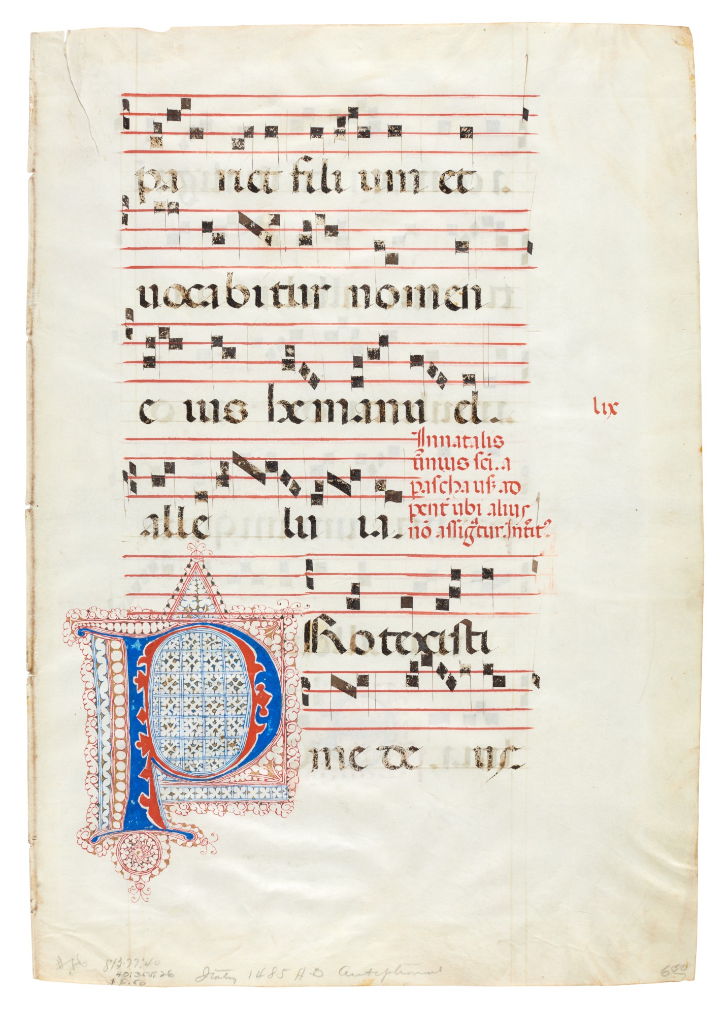 Leaf from an Antiphonary, decorated manuscript in Latin on vellum ...