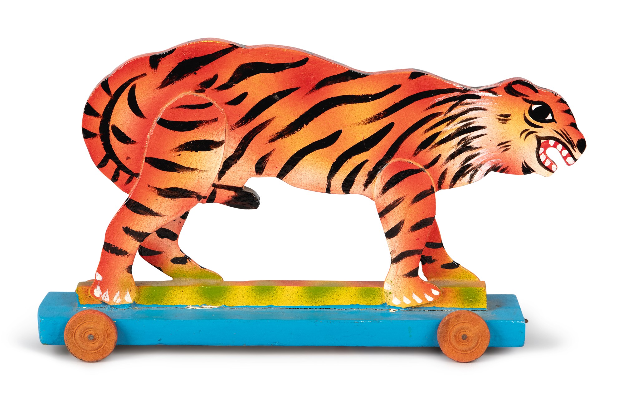 CARVED AND HAND-PAINTED 20th CENTURY INDIAN WOODEN TIGER PULL-TOY ...