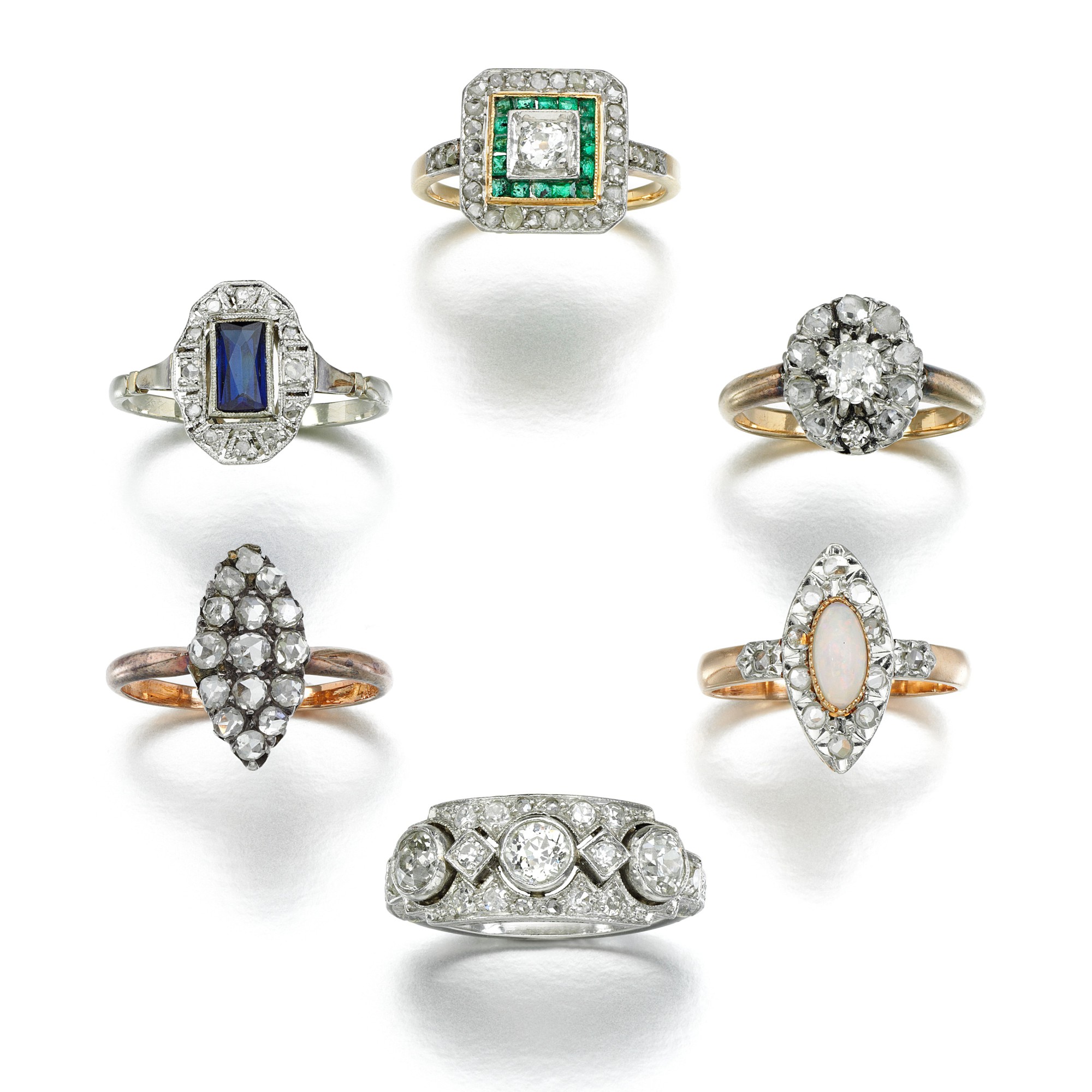 Group of six gem set and diamond rings, late 19th to early 20th century ...