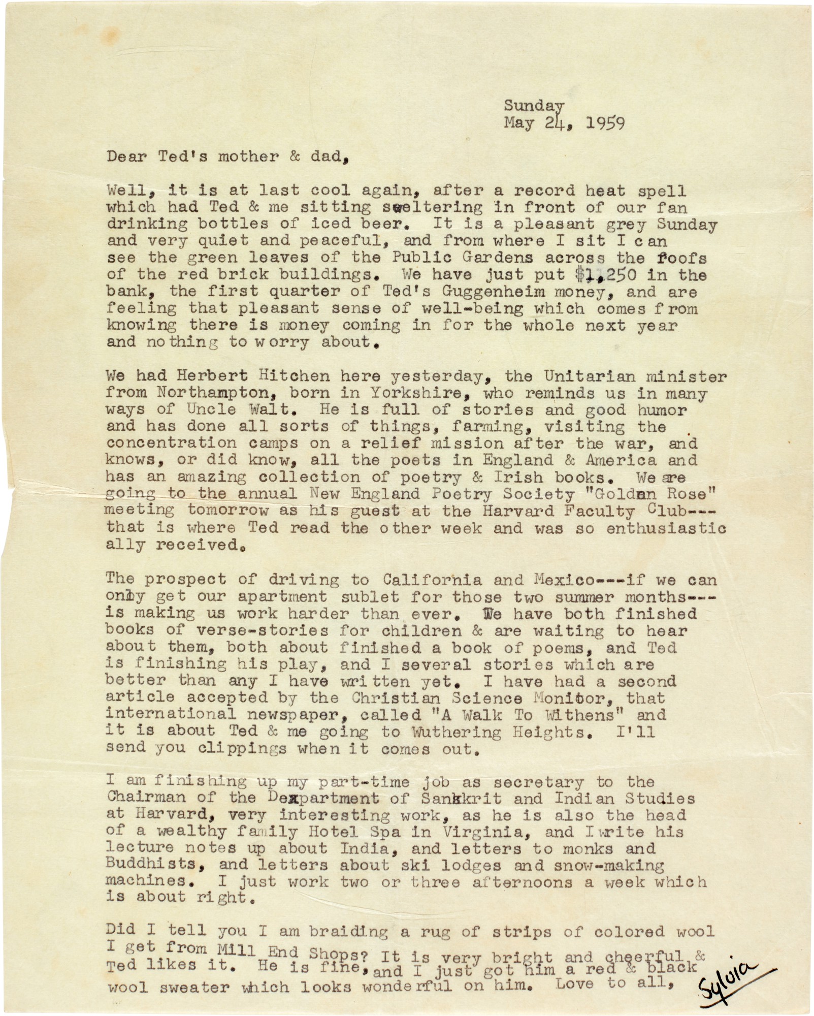 Sylvia Plath | Typed letter signed, to Edith & William Hughes, "the ...