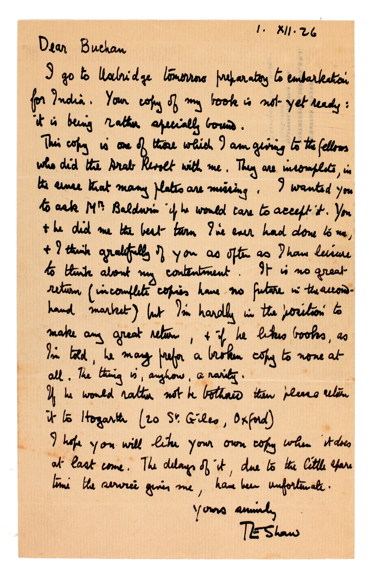 T.E. LAWRENCE | autograph letter signed, to John Buchan, 1926 | The ...