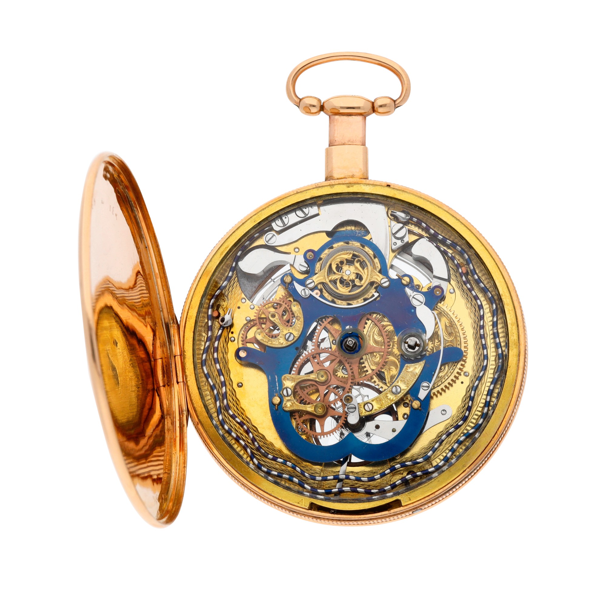 A gold quarter repeating skeletonised watch with serpentine gongs Circa ...