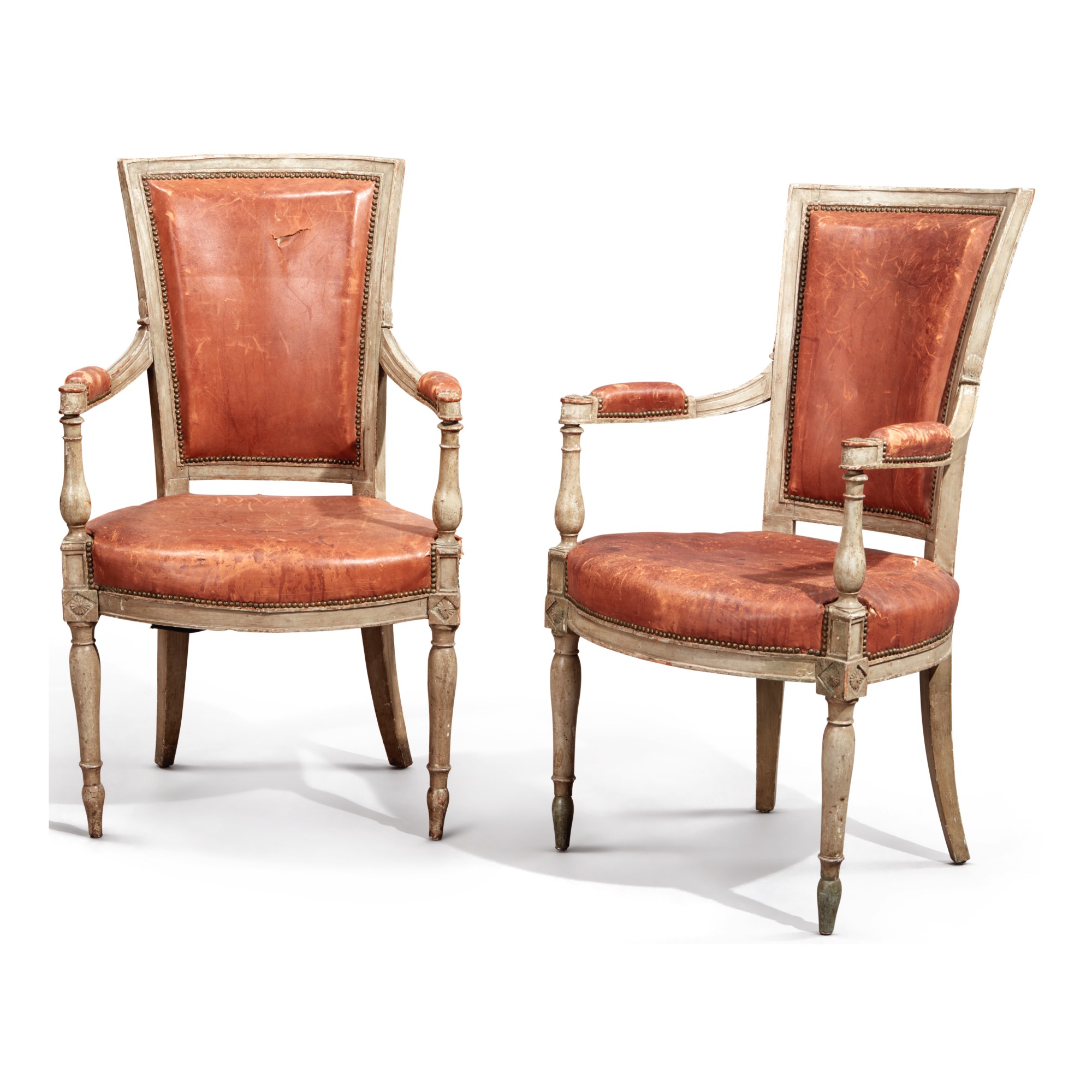 A SET OF SIX DIRECTOIRE GREY-PAINTED FAUTEUILS EN CABRIOLET, CIRCA 1800 ...