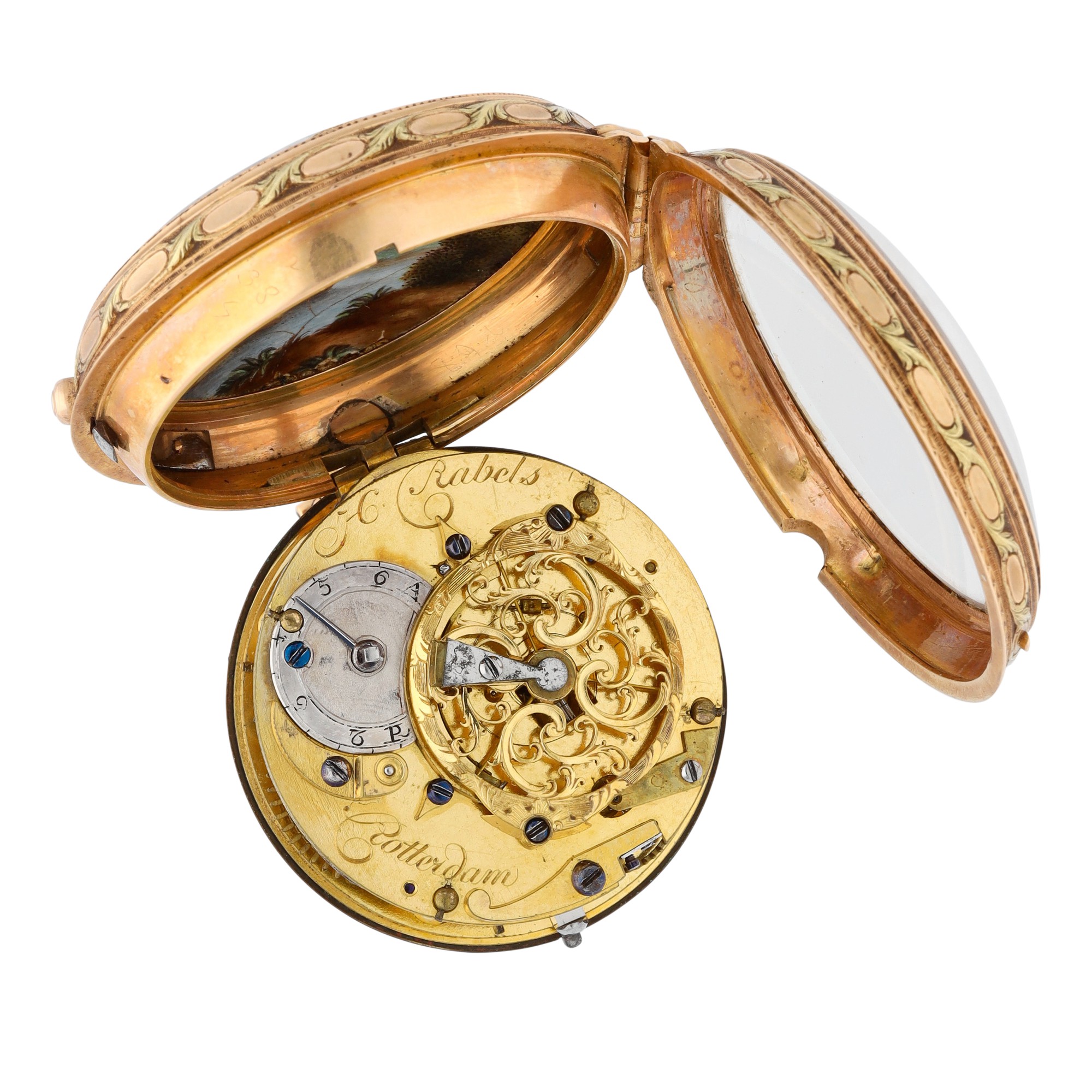 A gold and enamel single cased verge watch with earlier enamel scene of ...