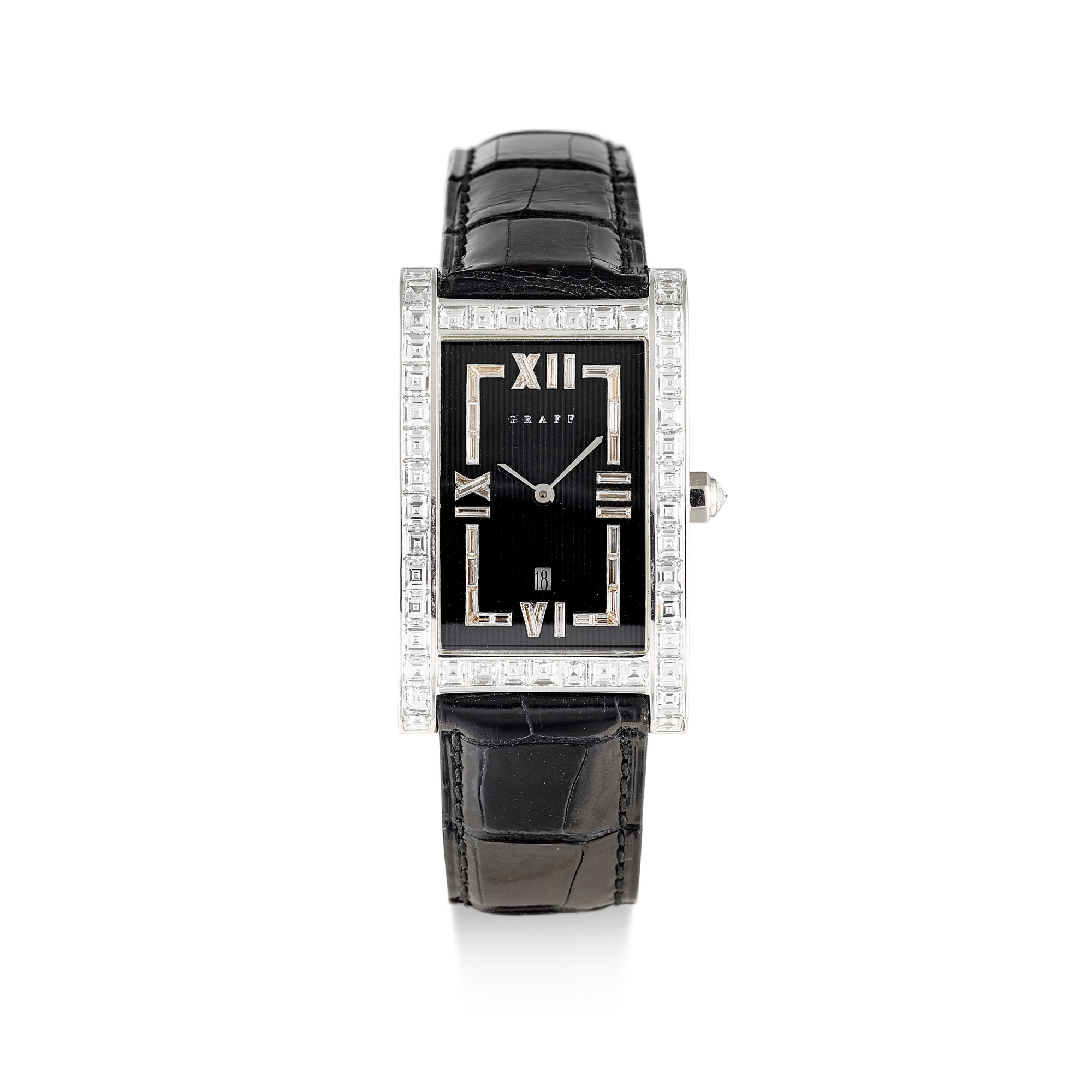 GRAFF | TANK A PLATINUM AND DIAMOND-SET WRISTWATCH WITH DATE, CIRCA ...
