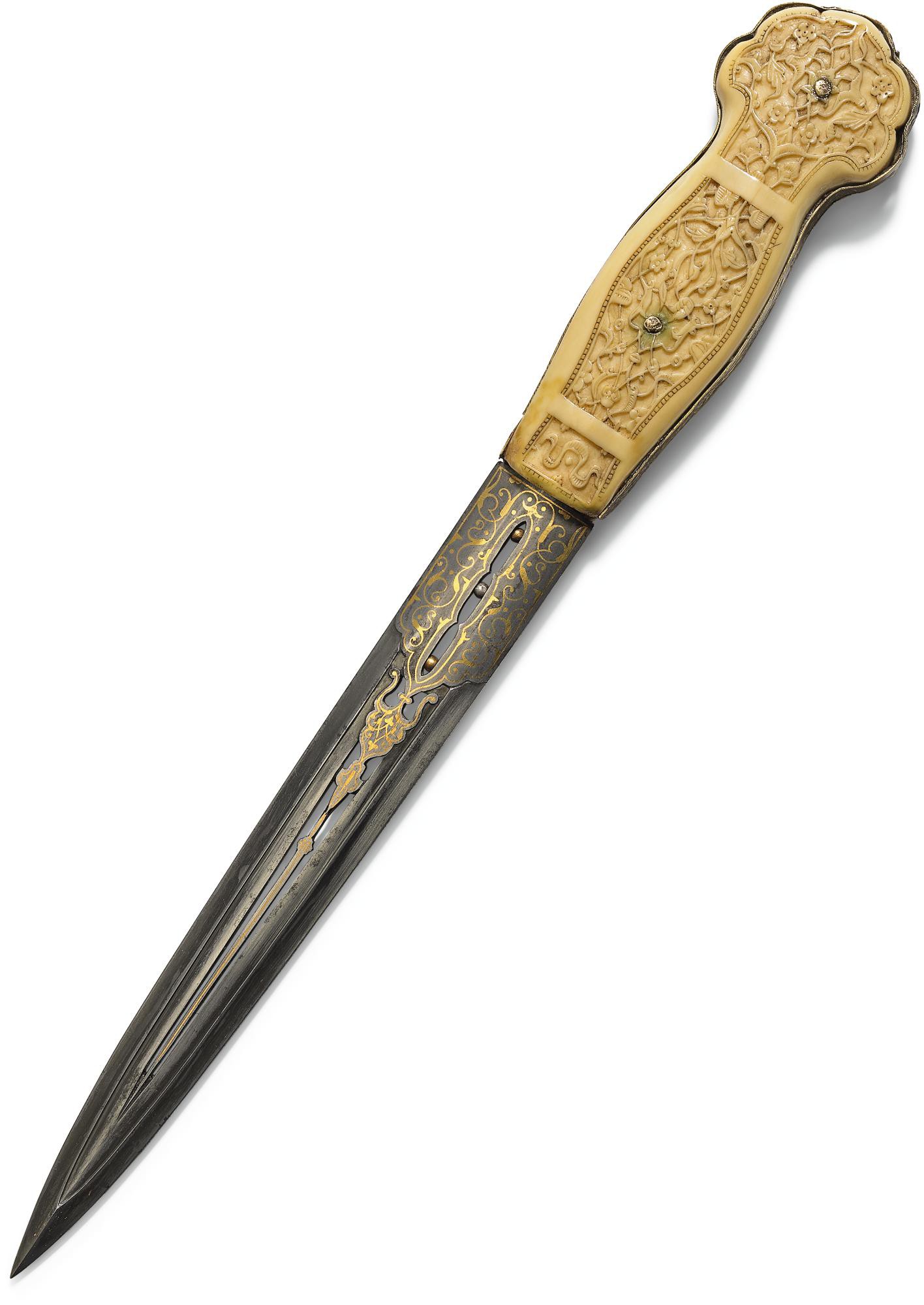 A FINE OTTOMAN DAGGER WITH GOLD-INLAID OPENWORK STEEL BLADE AND CARVED ...