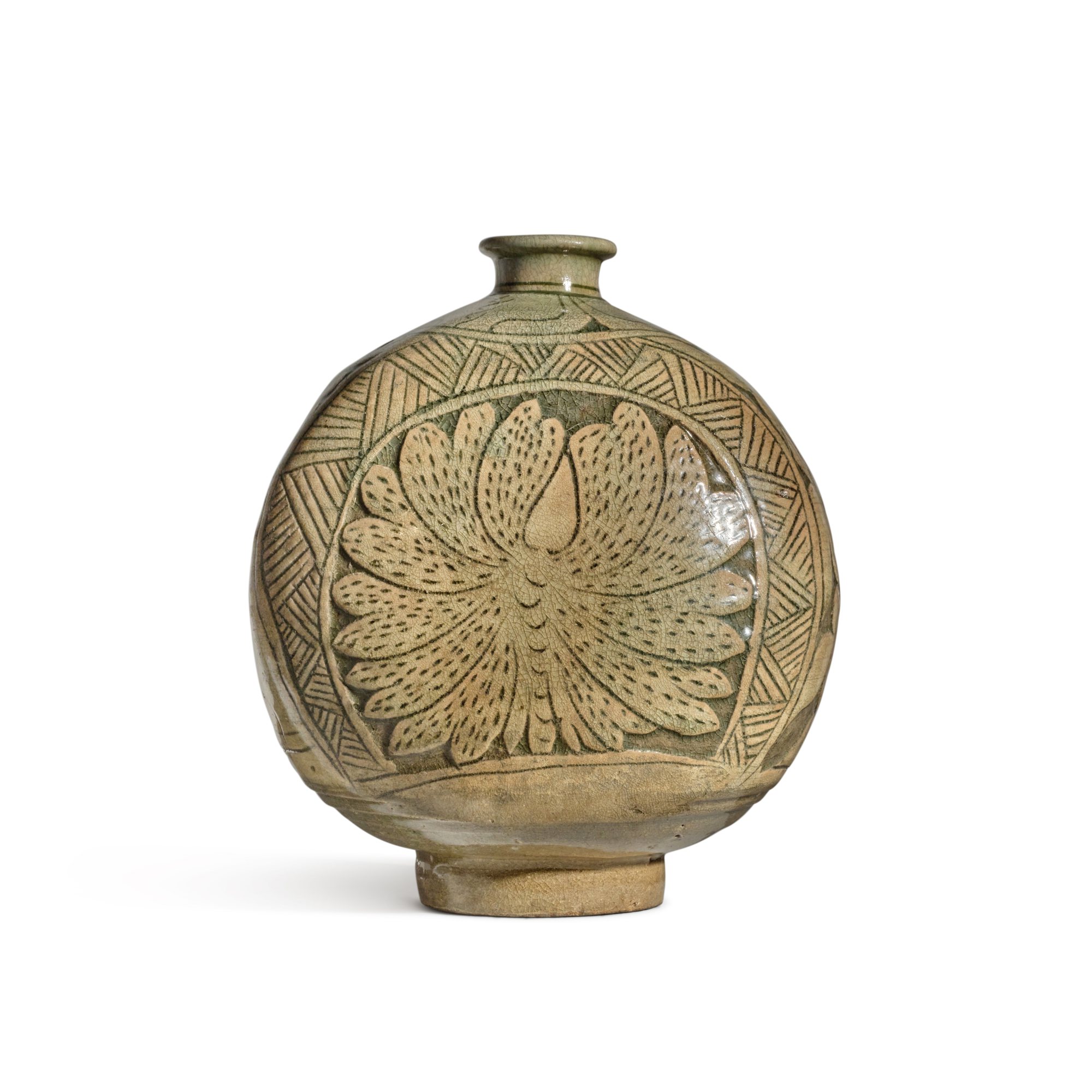 A Buncheong sgraffiato 'floral' moonflask, Joseon dynasty, 15th century ...