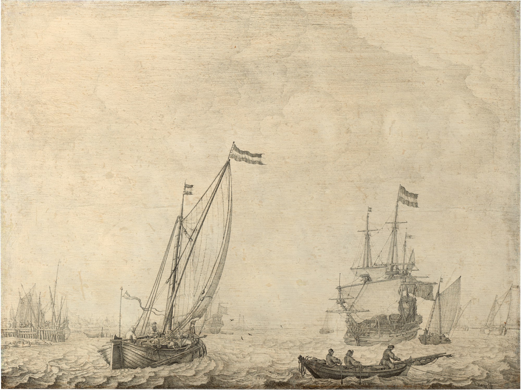 A coastal scene with a three-master, a kaag on a broad reach and other ...