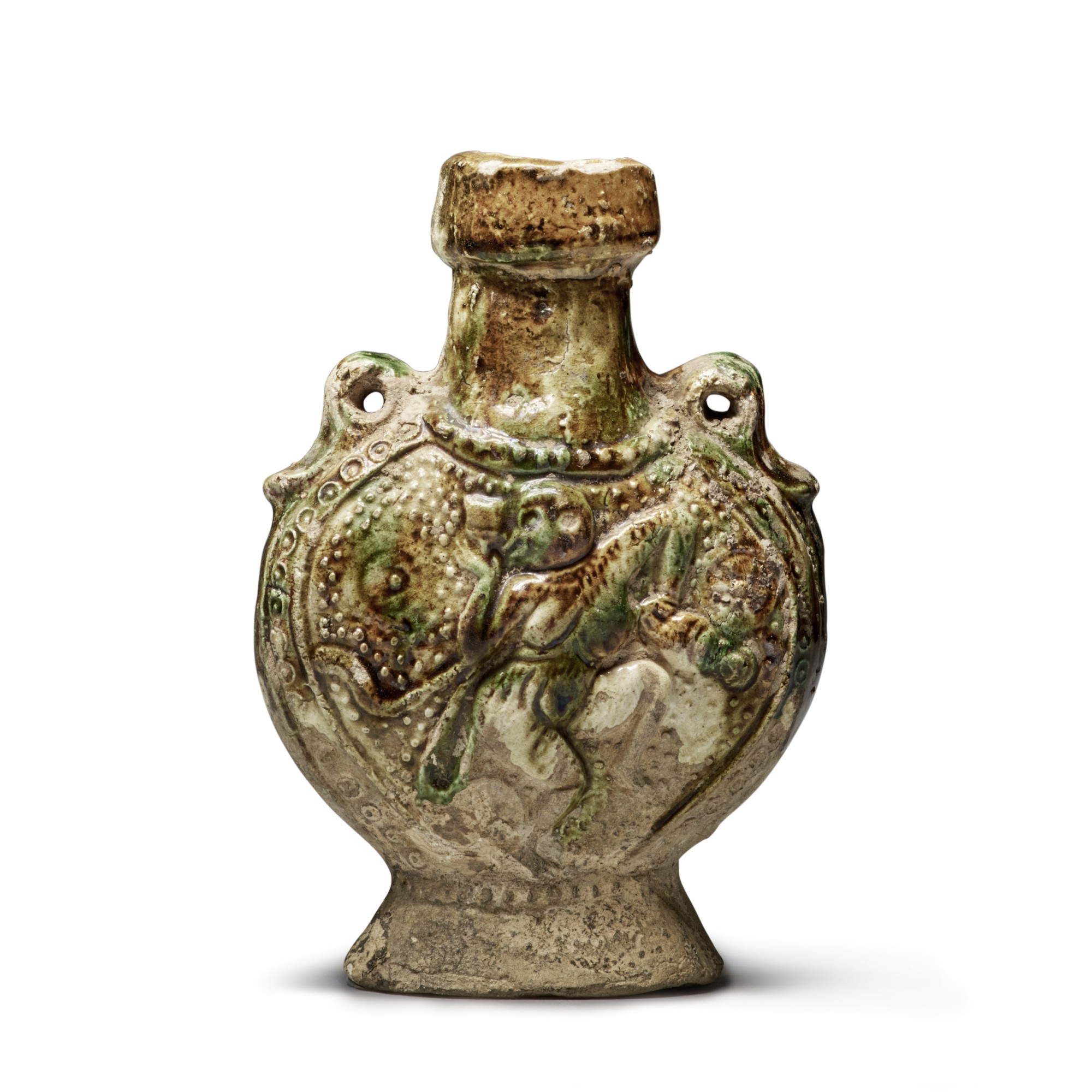 A molded sancai-glazed pottery pilgrim flask, Tang dynasty | 唐 三彩模印樂舞圖雙 ...