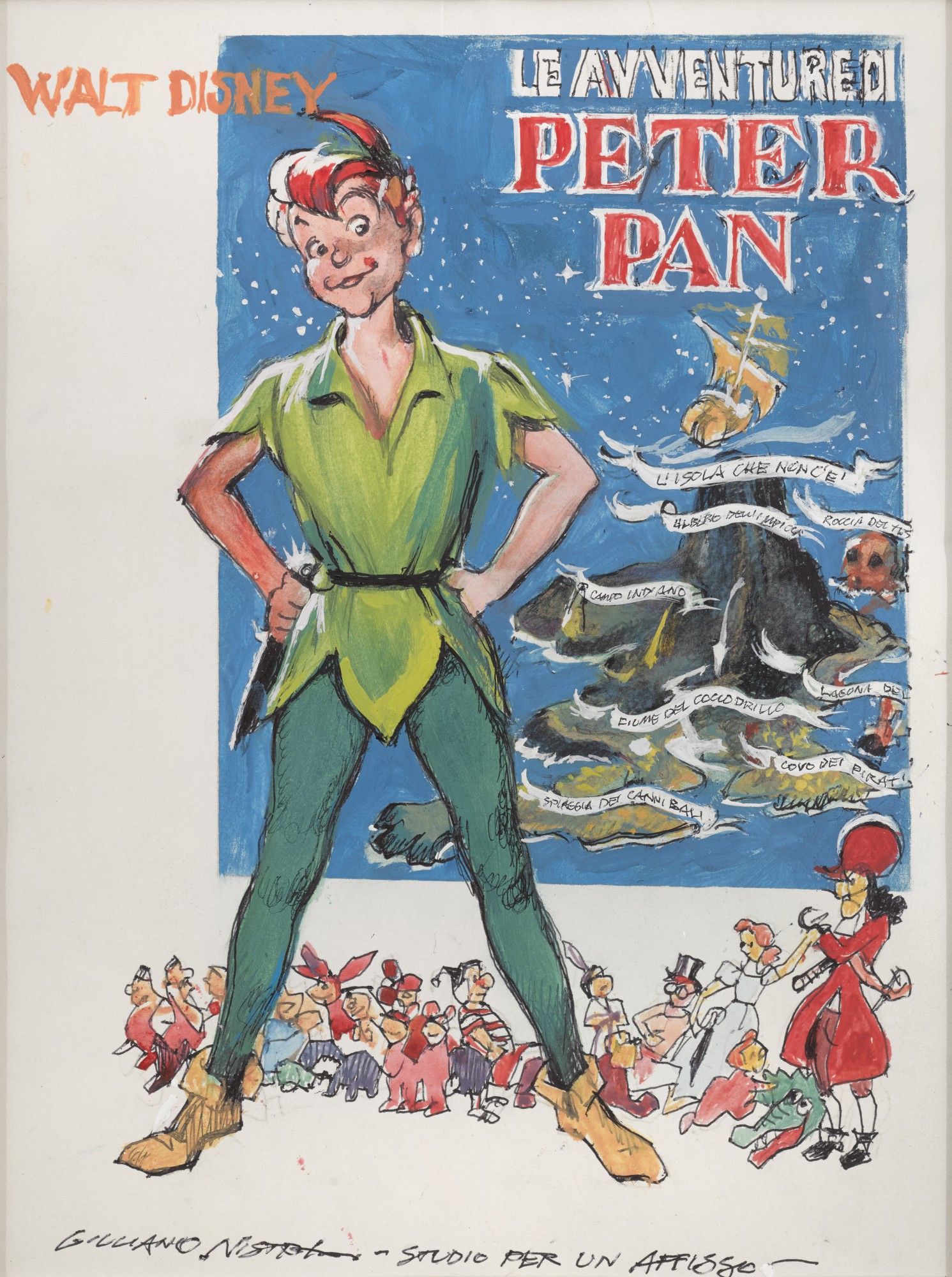 Peter Pan (1953), preliminary artwork for the Italian film poster ...