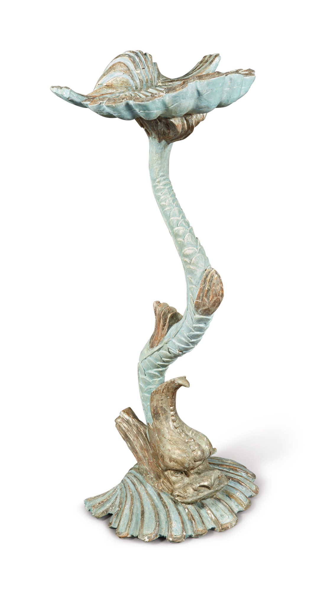 A VENETIAN BLUE PAINTED AND SILVERED WOOD DOLPHIN-FORM GROTTO STAND ...