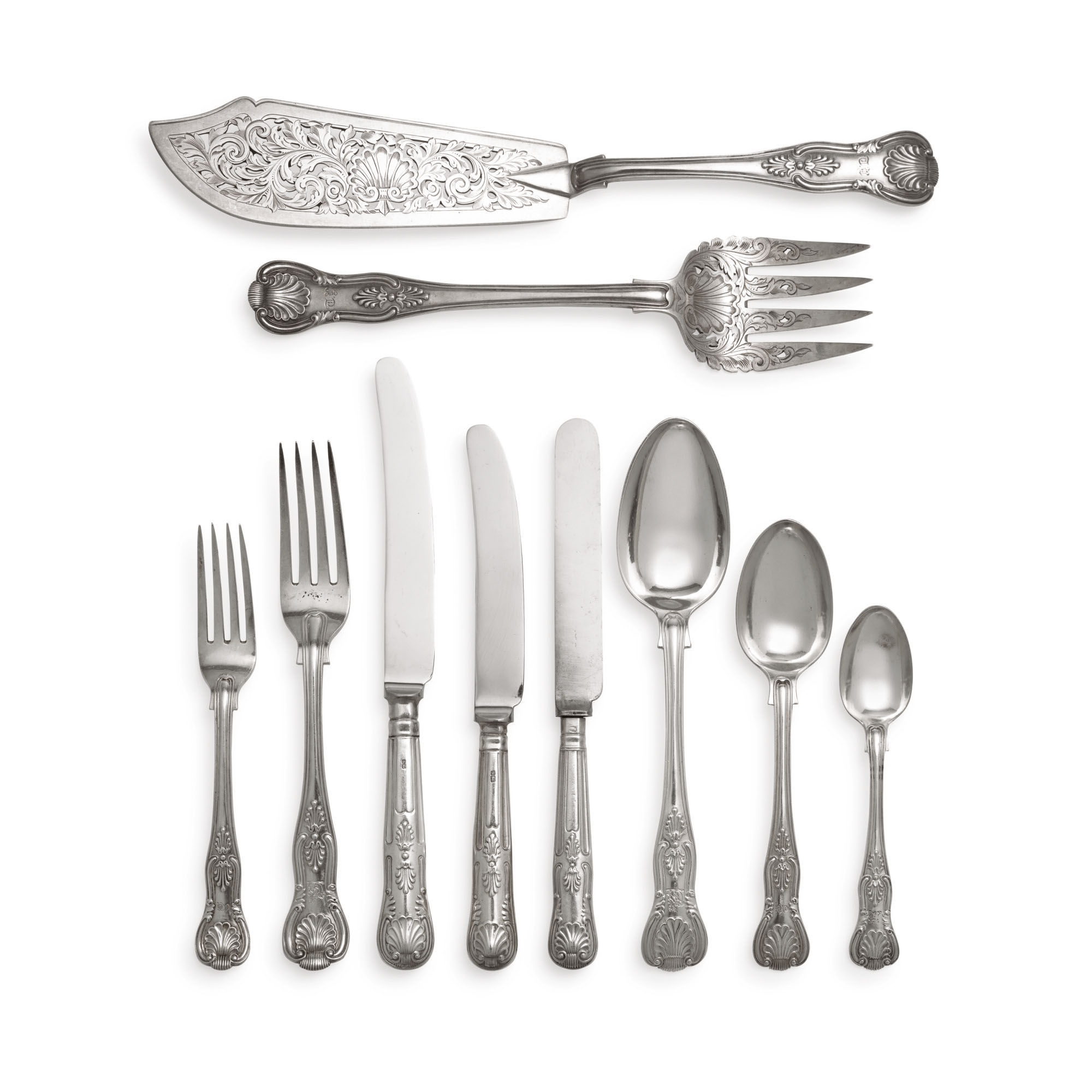 AN ASSEMBLED VICTORIAN SILVER KING'S PATTERN FLATWARE SERVICE, MOSTLY ...