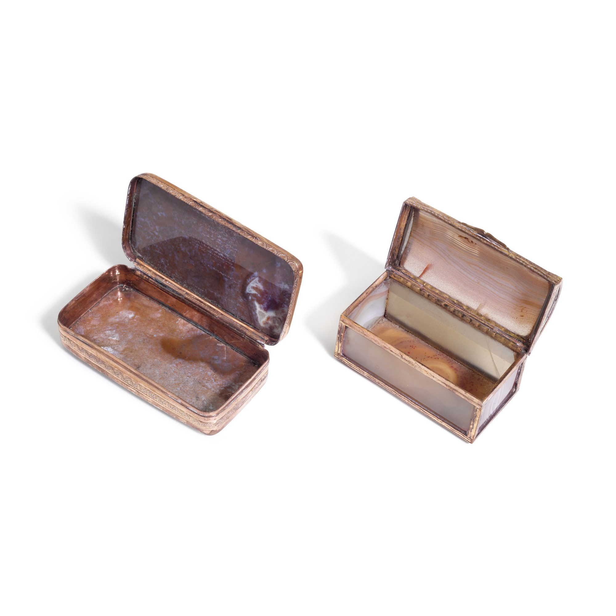 Two hardstone snuff boxes with gilt-metal mounts, English or German ...