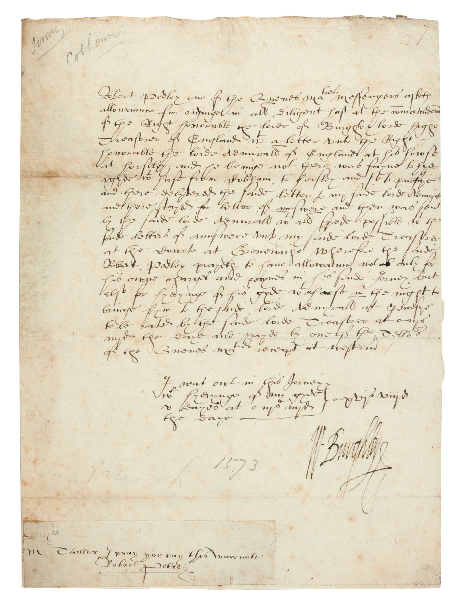 William Cecil, Lord Burghley | Letter signed, confirming a fee to paid ...