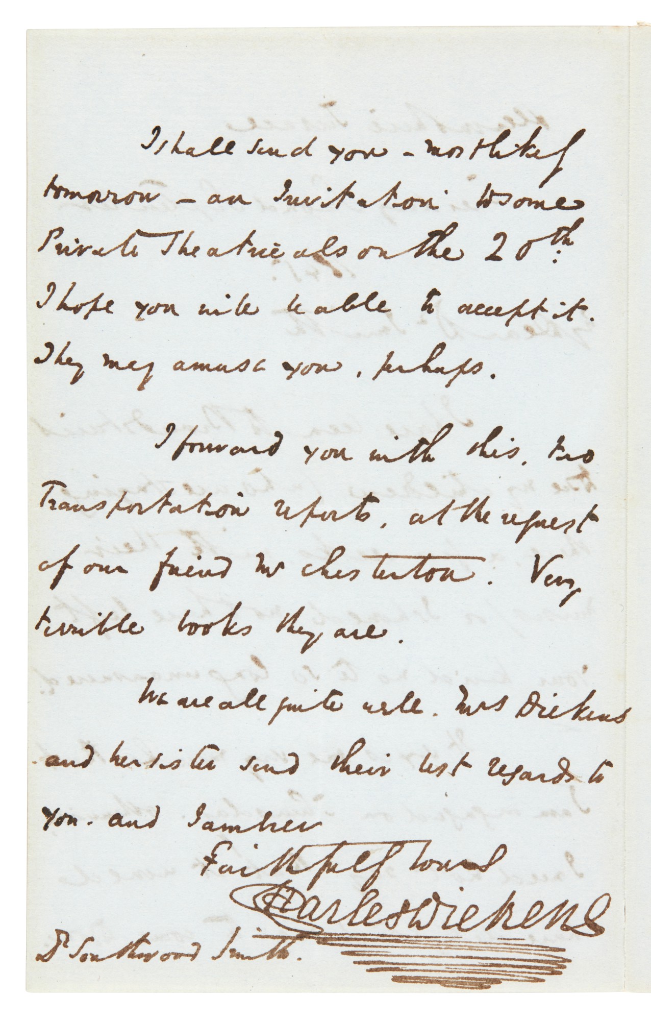 Charles Dickens | Autograph letter signed, to Dr Southwood Smith, 2 ...