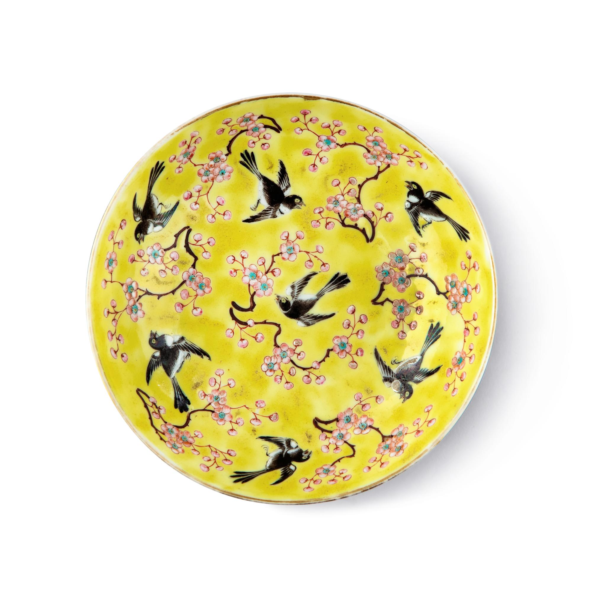 A small yellow-ground famille-rose 'magpie and prunus' dish, Mark and ...