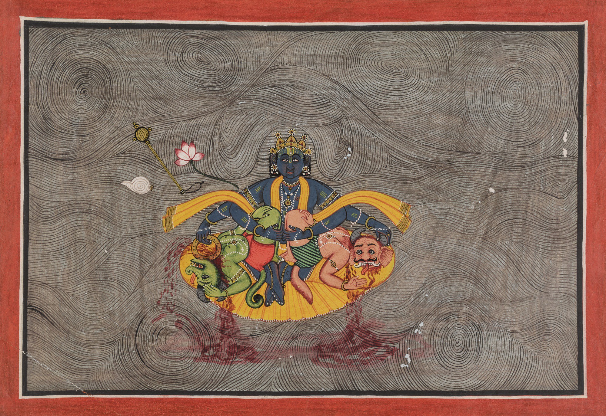 A GROUP OF FOUR ILLUSTRATIONS FROM THE DEVI MAHATMYA: VISHNU BATTLES ...