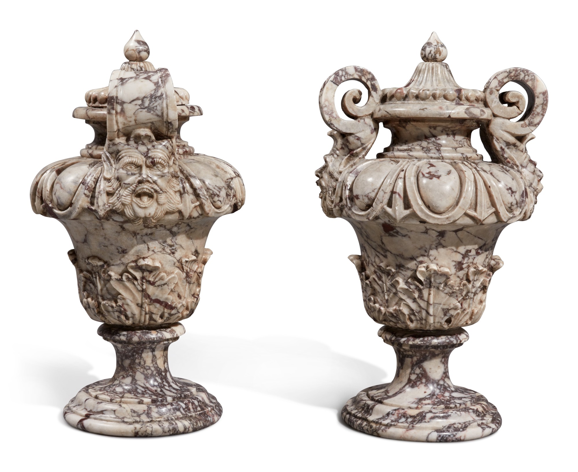 A Pair of Italian Baroque Carved Breccia di Seravezza Marble Vases ...