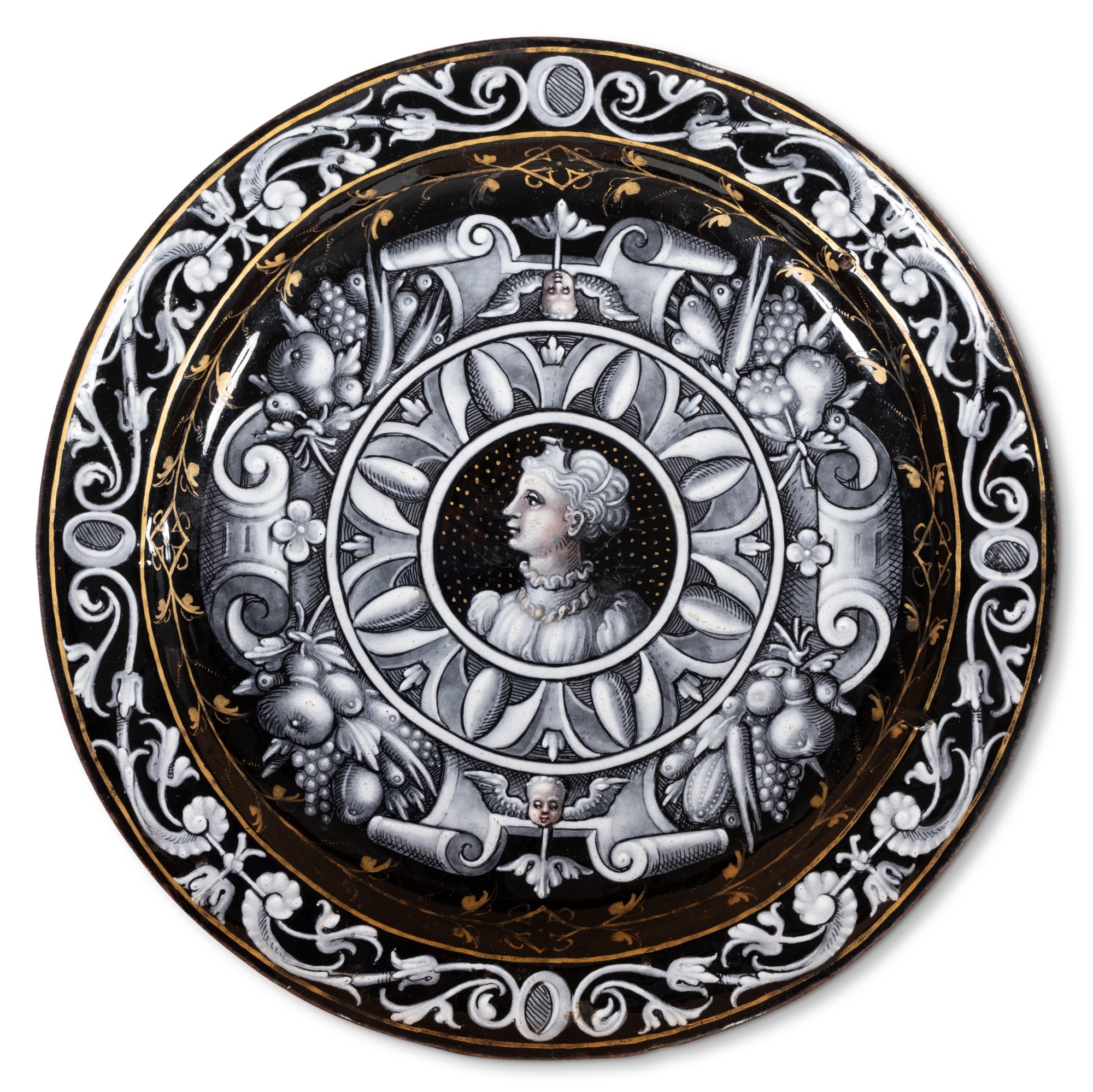 A circular enamel grisaille painted enamel plate depicting Esther ...